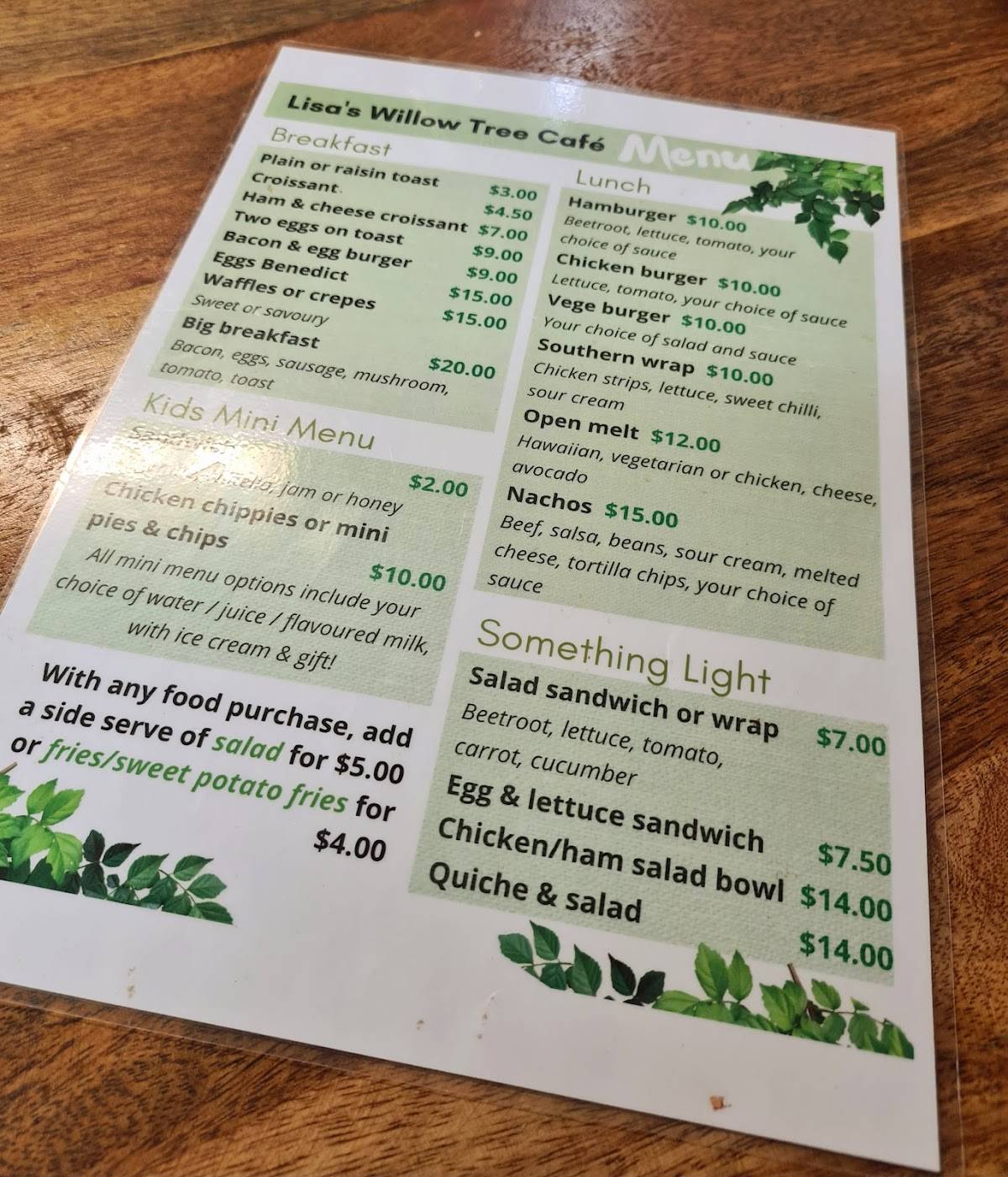 Menu at Lisa's Willow Tree Cafe, Caboolture South