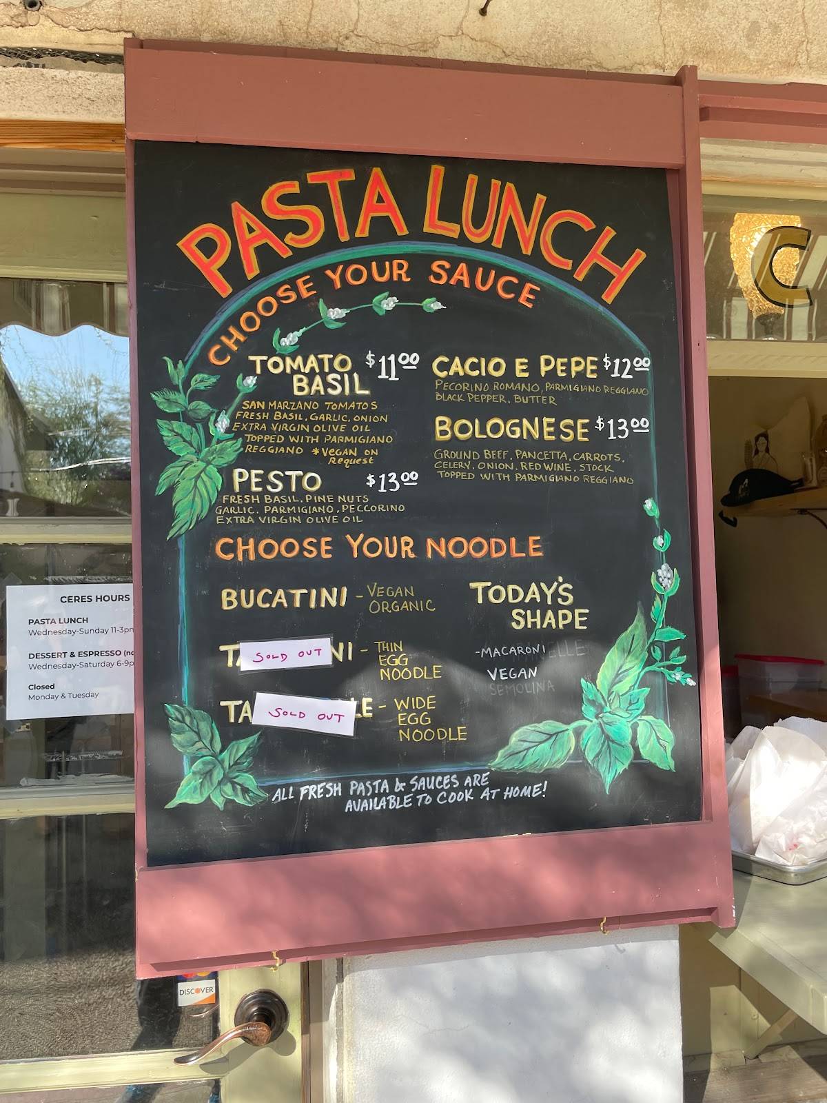 Menu at CERES Pasta cafe, Tucson