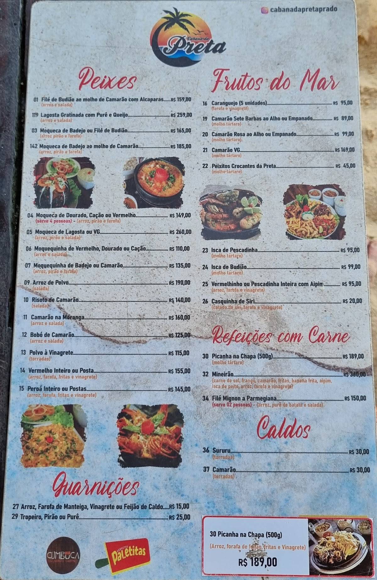 Menu em Cabana da Preta restaurante, Prado, praça de eventos - Av ...
