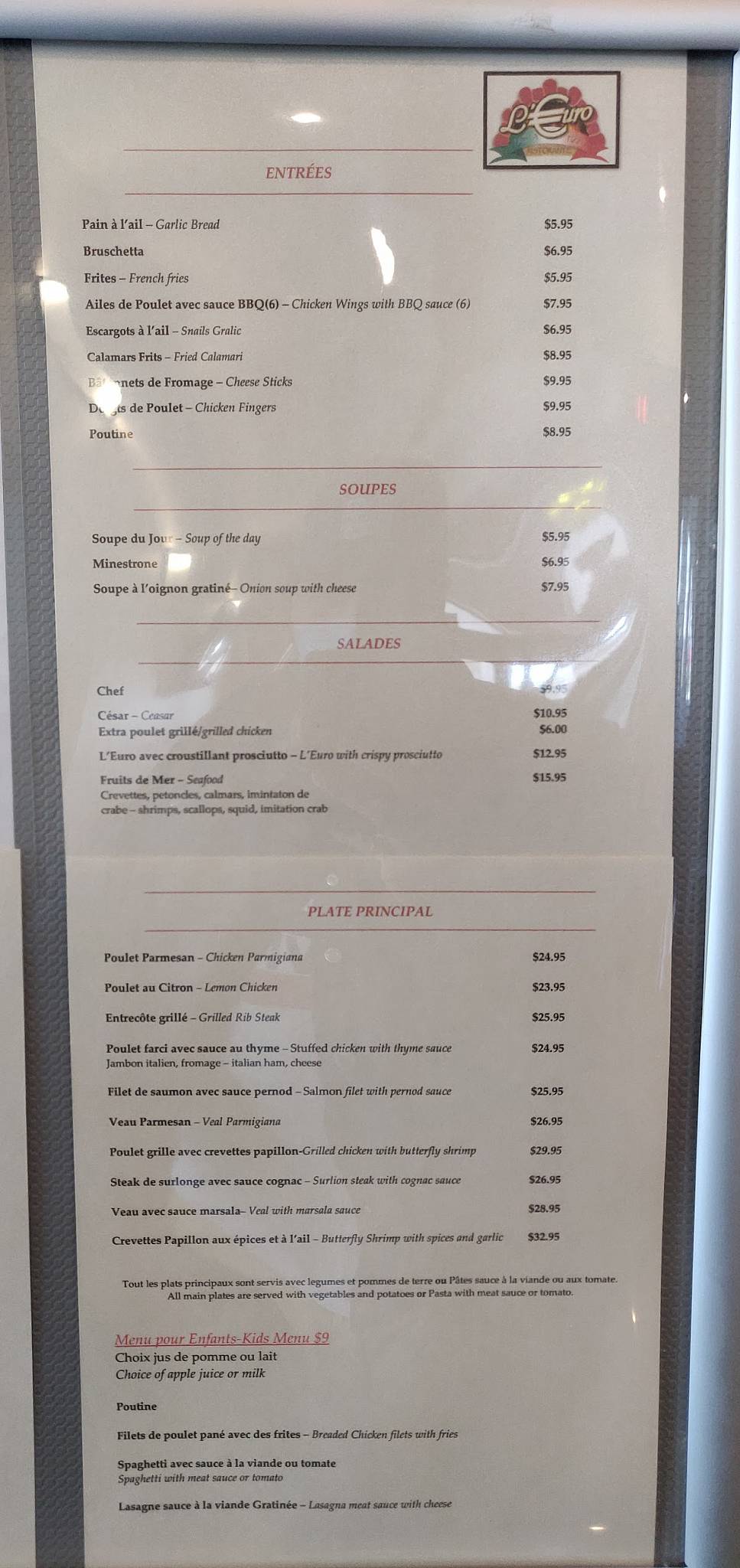 Menu at Café D'Euro, Montréal
