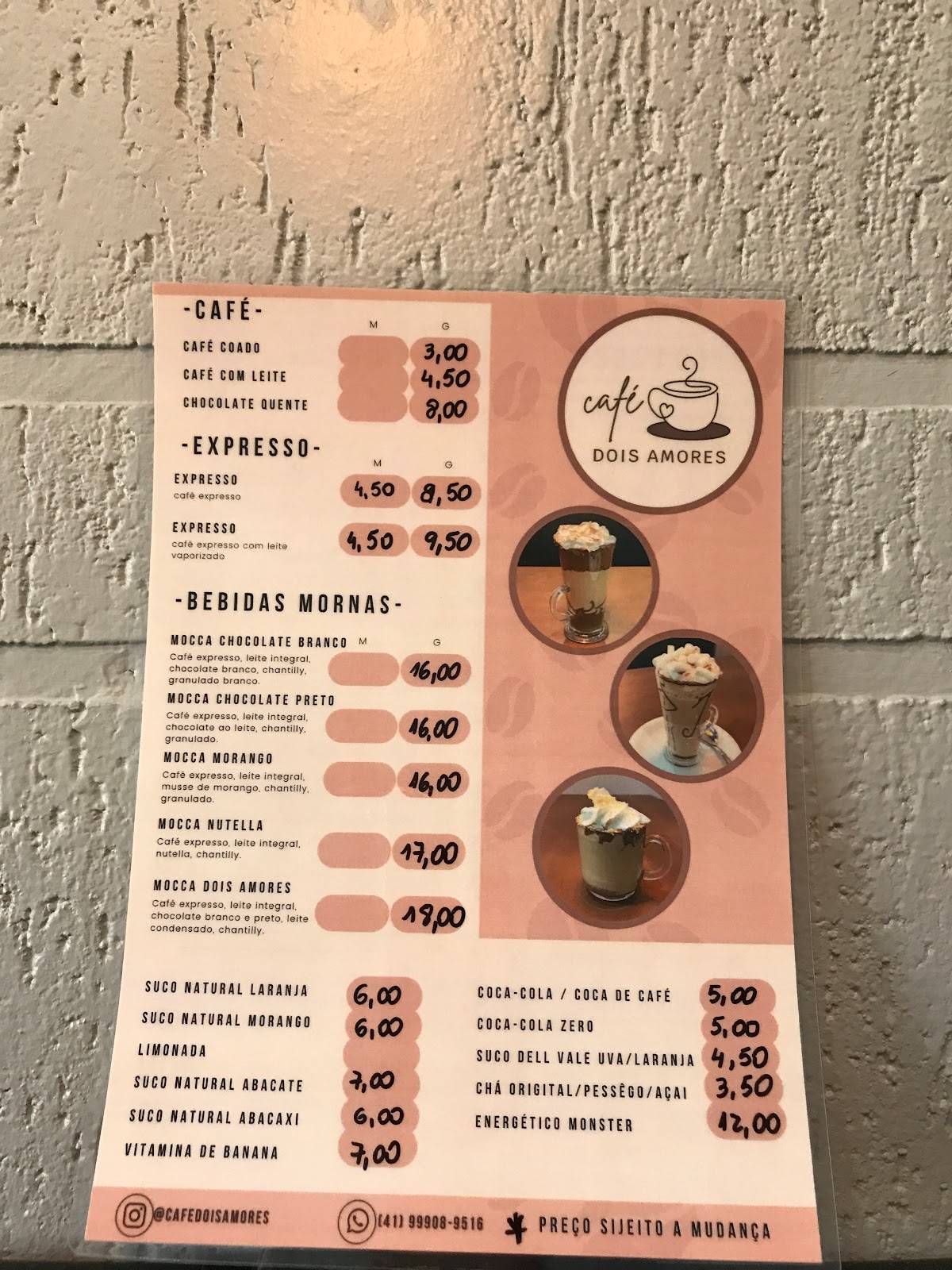 Menu em Café dois amores, Curitiba