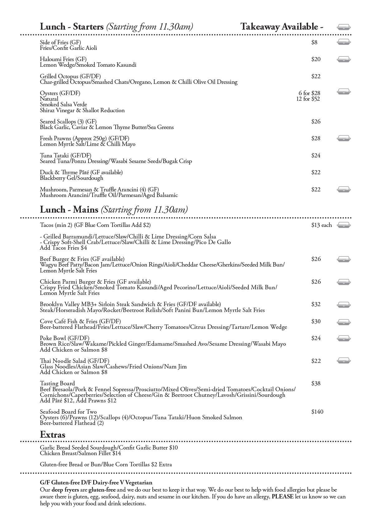 Menu at Cove Cafe, Terrigal