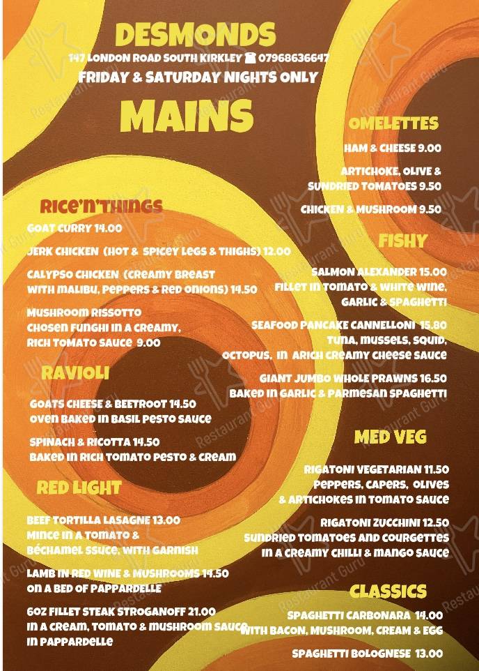 Menu at Desmond's Coffee Shop cafe, Lowestoft