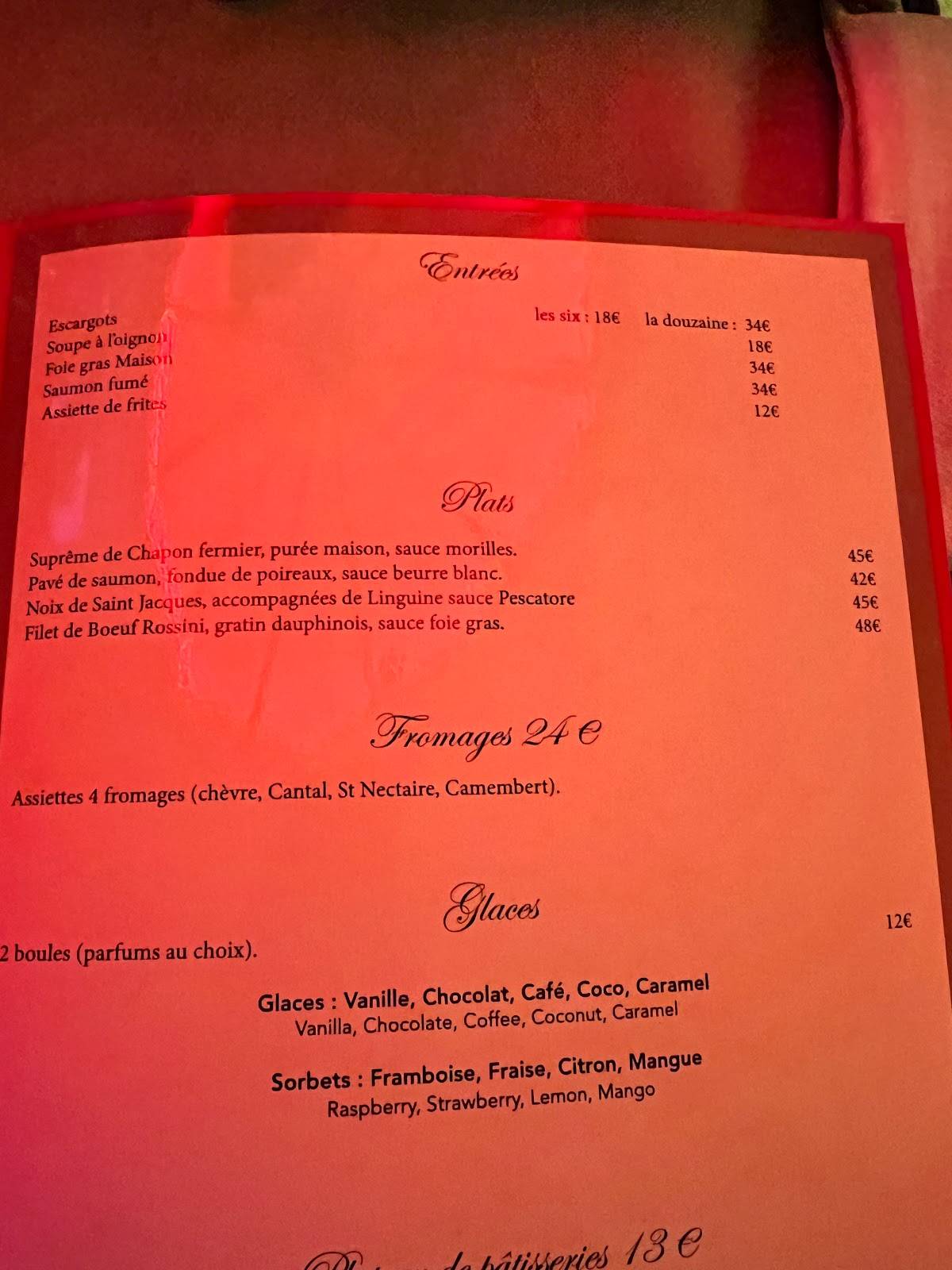 Menu at Café George V, Paris