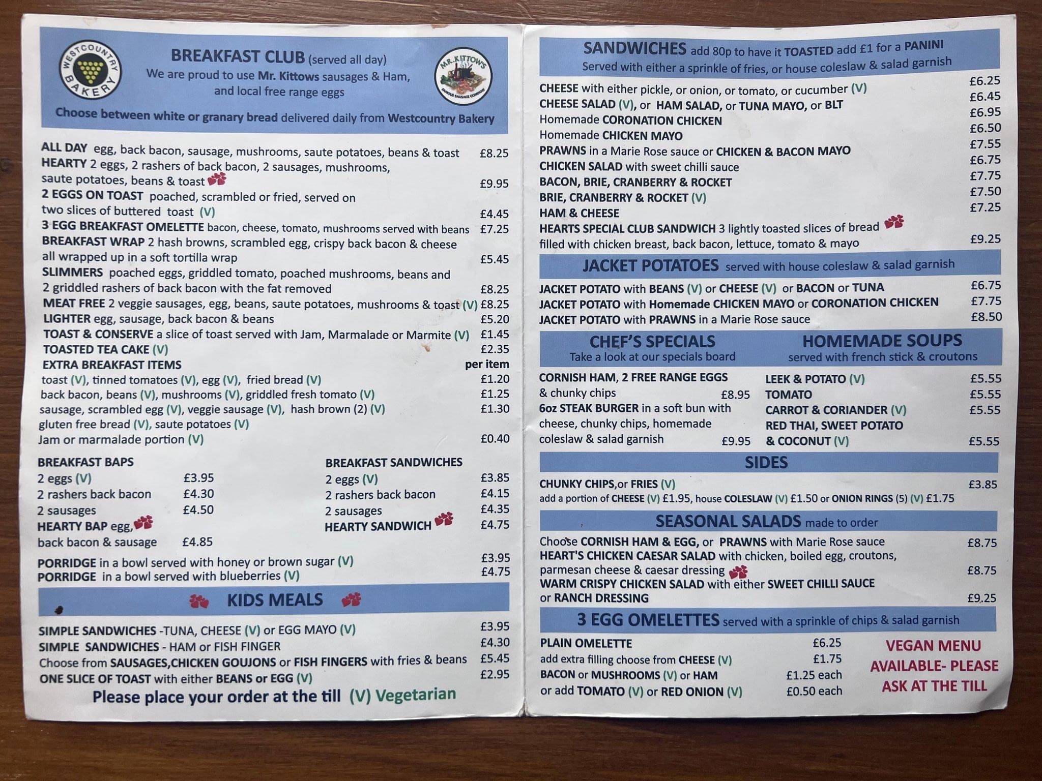 Menu at Hearts Kitchen cafe, Torpoint