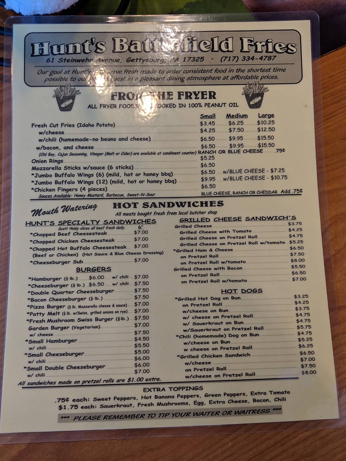 Menu at Hunt's Battlefield Fries cafe, Gettysburg