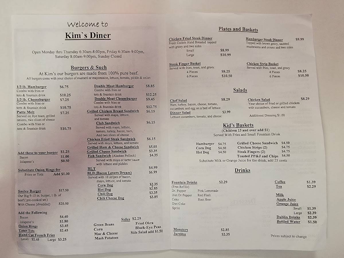 Menu at Kim's Diner cafe, Waco