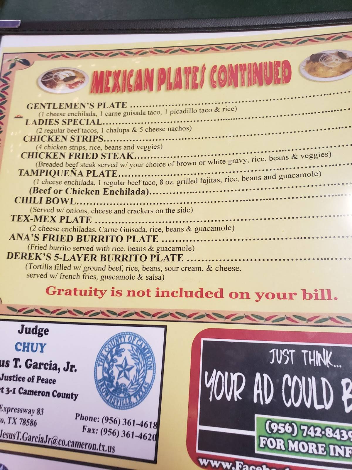 Menu at Las Vegas Cafe, Harlingen