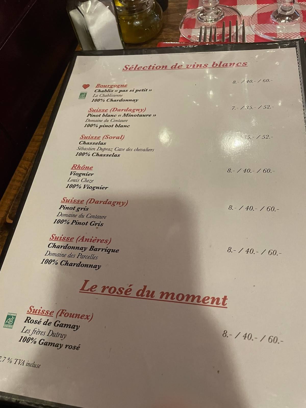 Menu da Le Socrate, Ginevra
