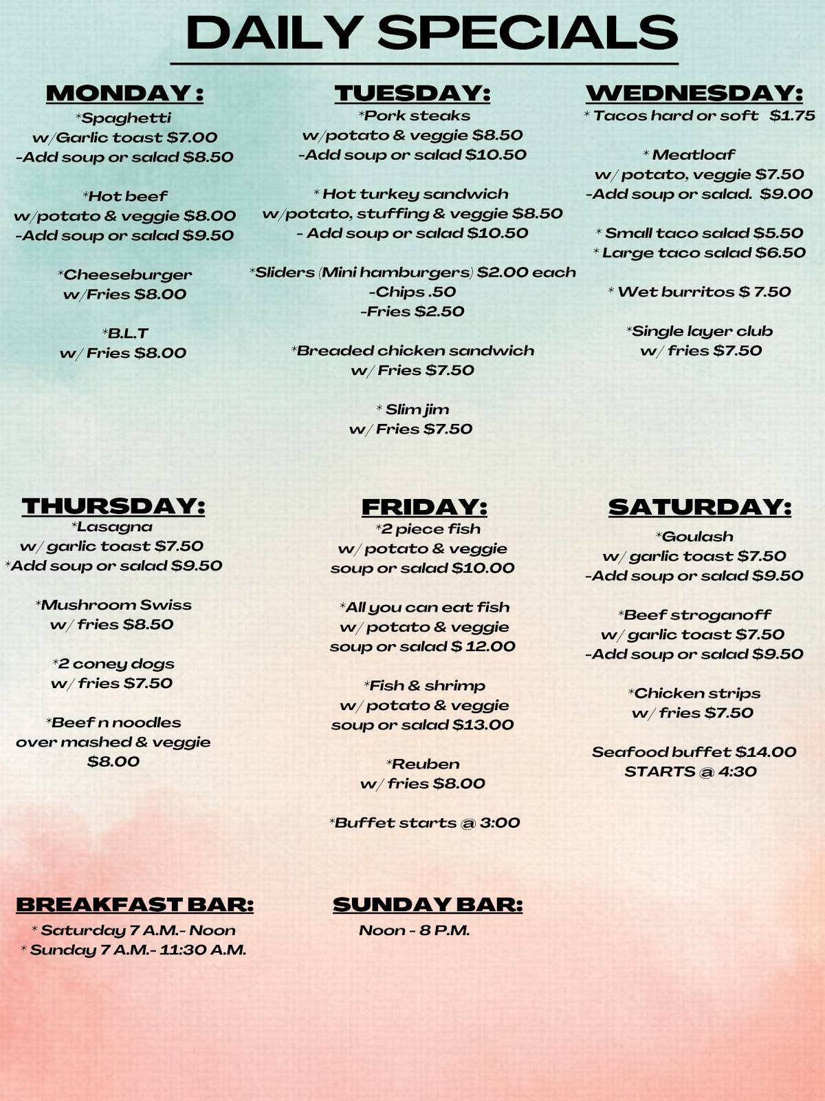 Menu at Lone Ranger Cafe, Reading