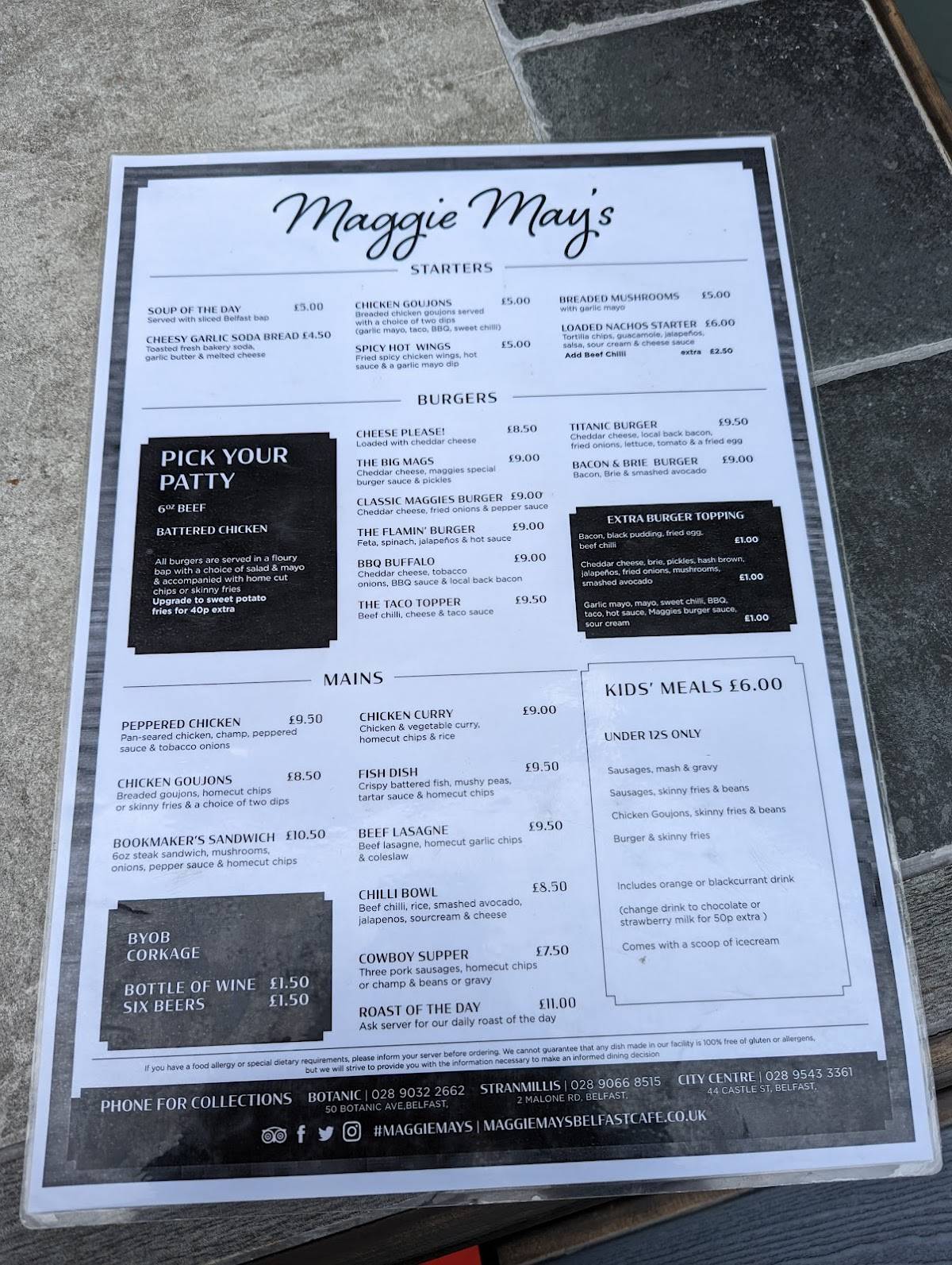 Menu at Maggie Mays Belfast Cafe, Belfast, 2 Malone Rd