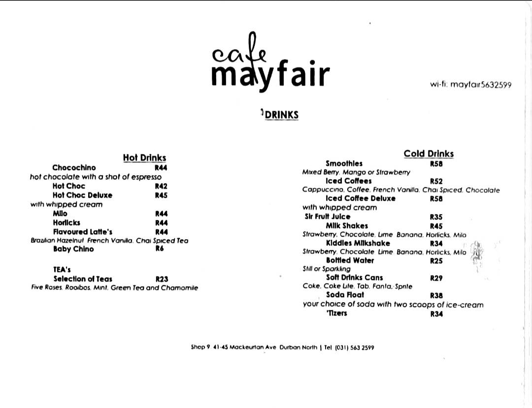 Menu at Mayfair Cafe., Durban