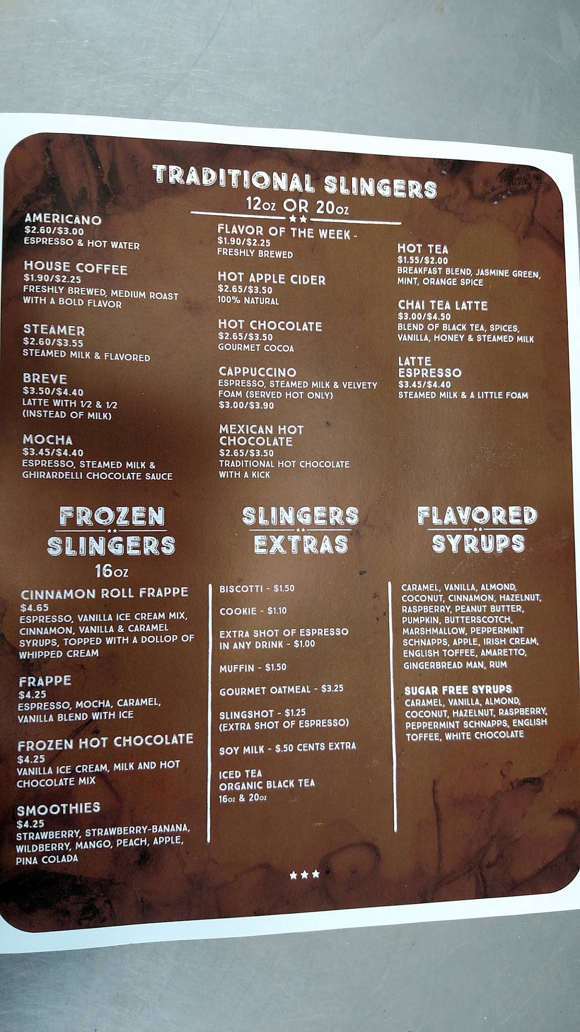 Menu at Mudslingers Drive Thru Coffee cafe, Indianola