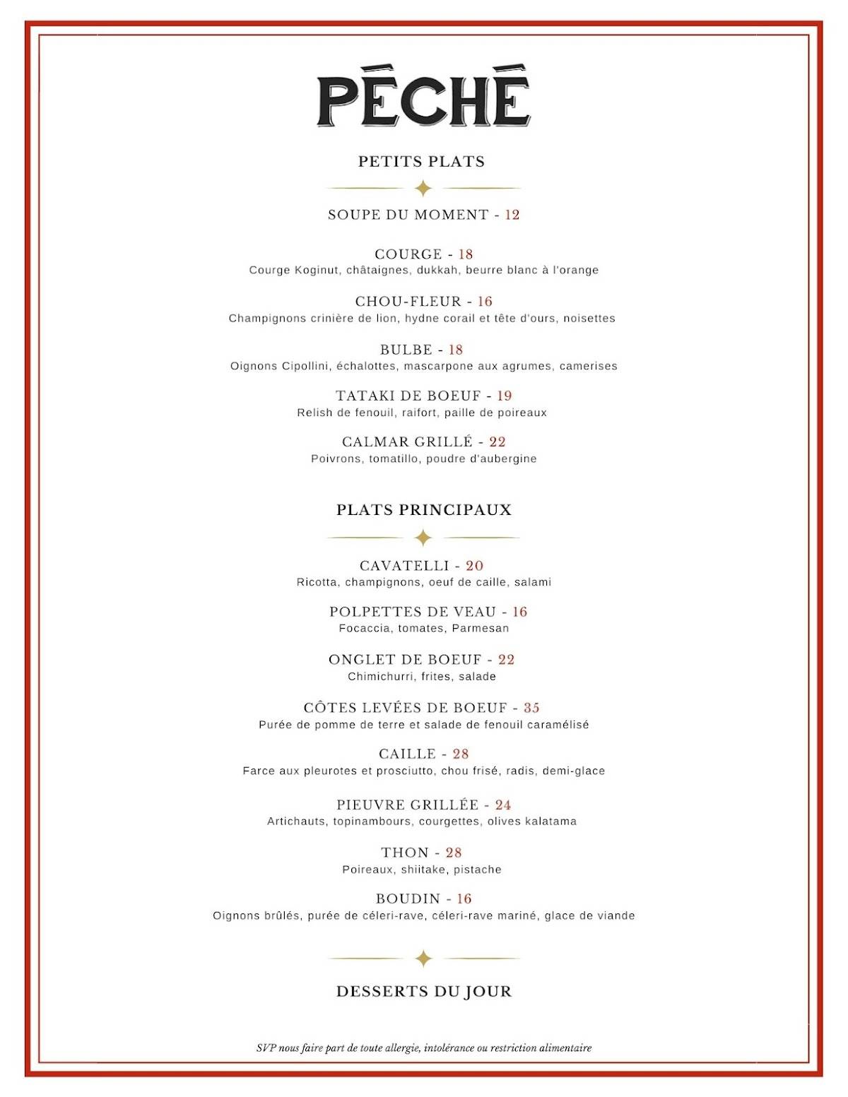 Menu at Péché cafe, Montréal