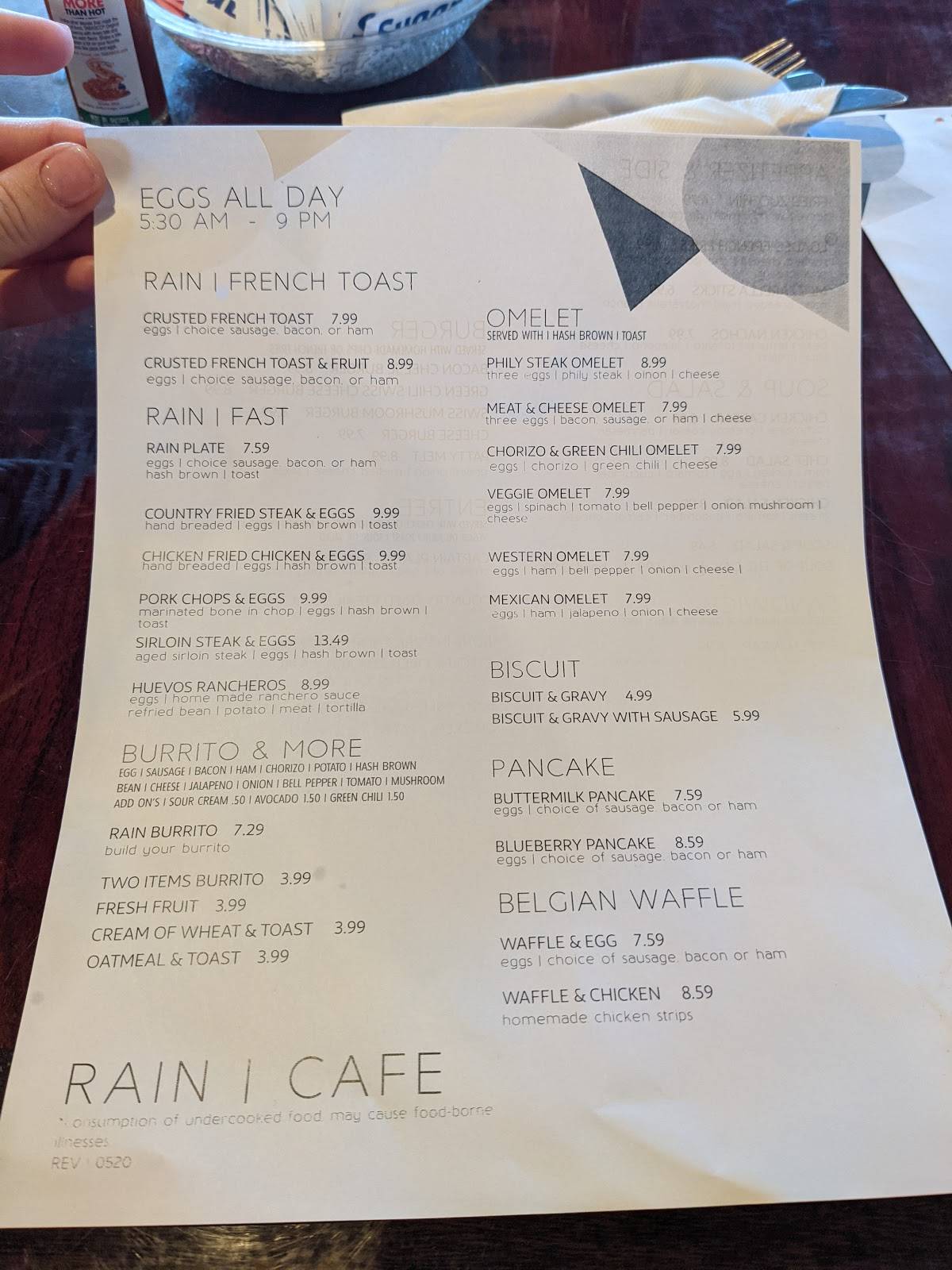 Menu at Rain Cafe, Lubbock, 50th St