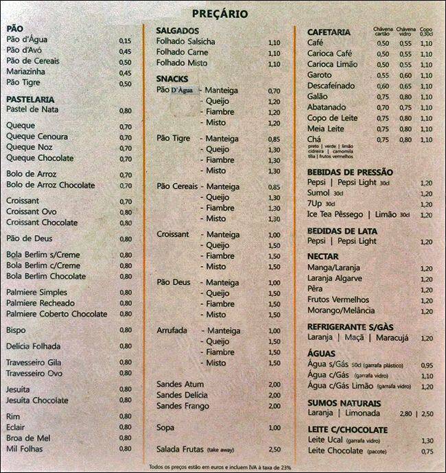 Menu at Café Rápido, Lisbon