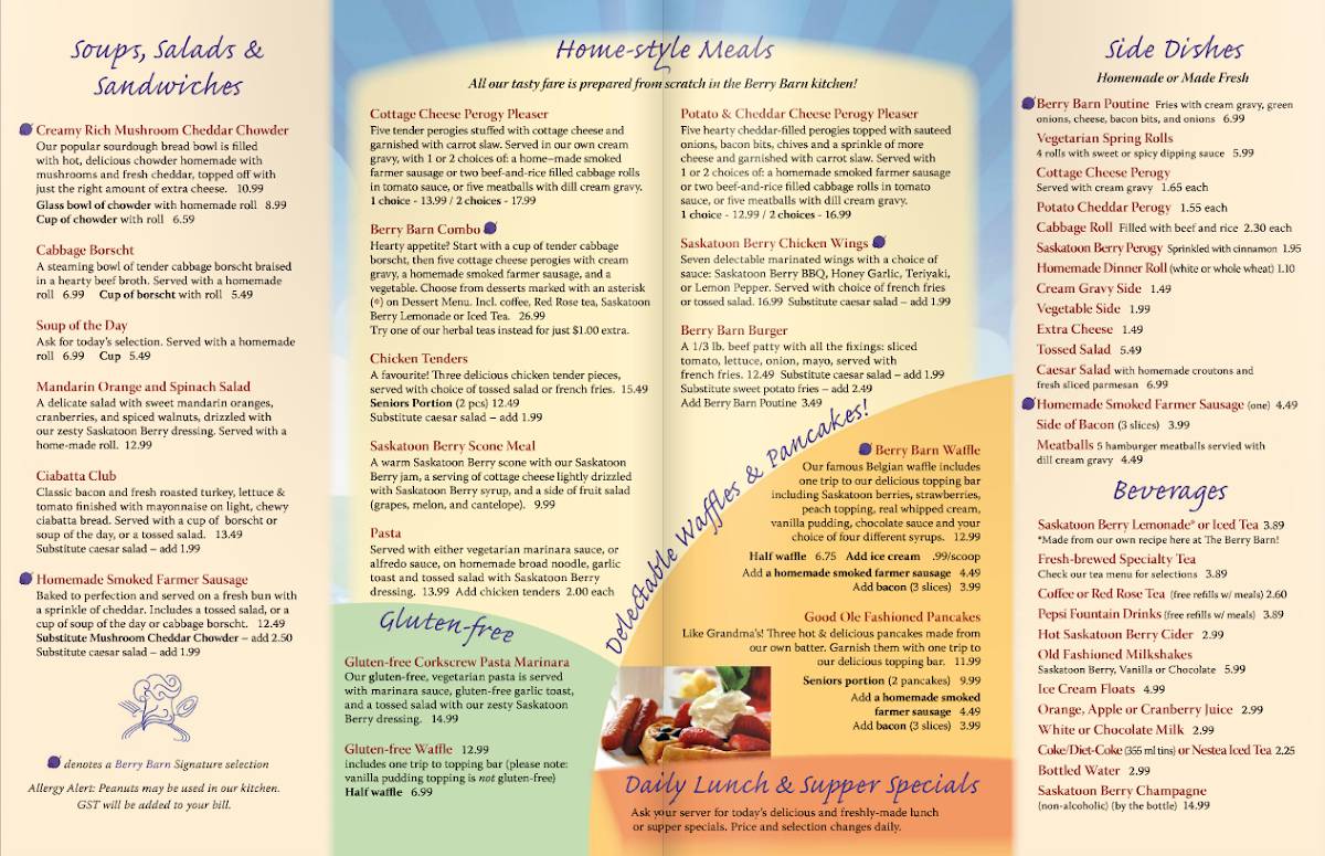 Menu at The Berry Barn, Saskatoon, 830 Valley Rd