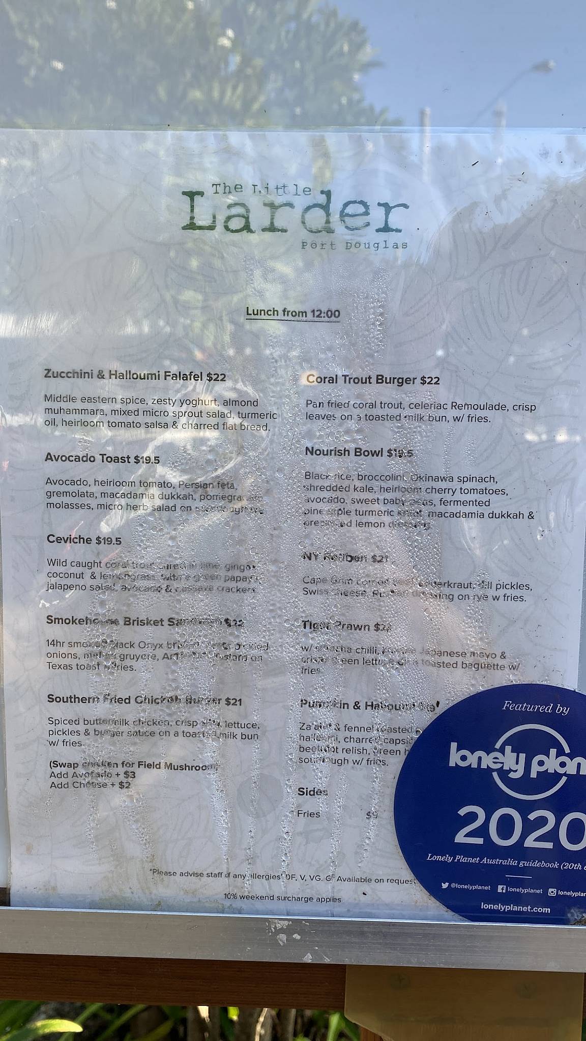 Menu at The Little Larder cafe, Port Douglas