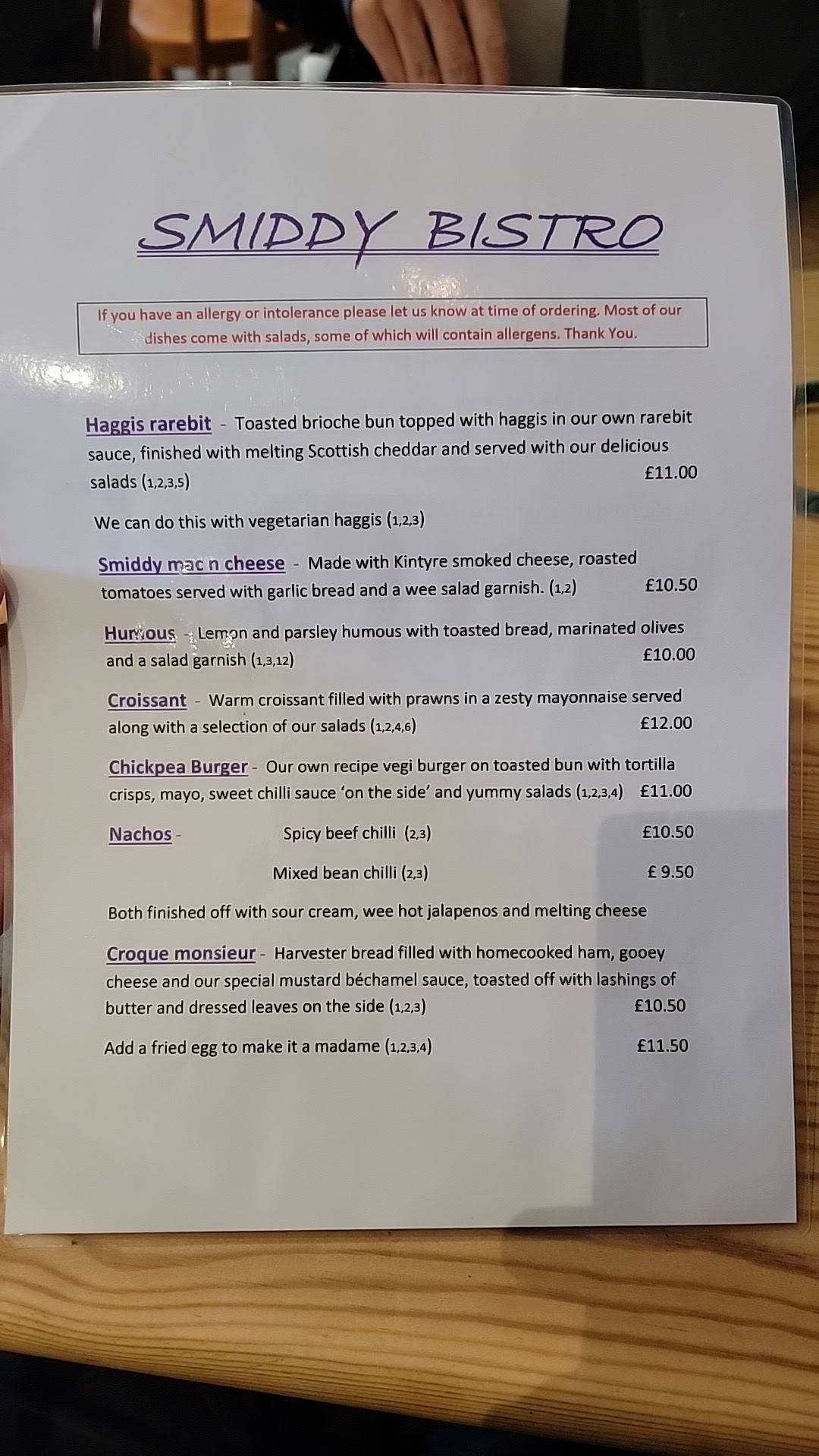 Menu at The Smiddy Bistro cafe, Lochgilphead