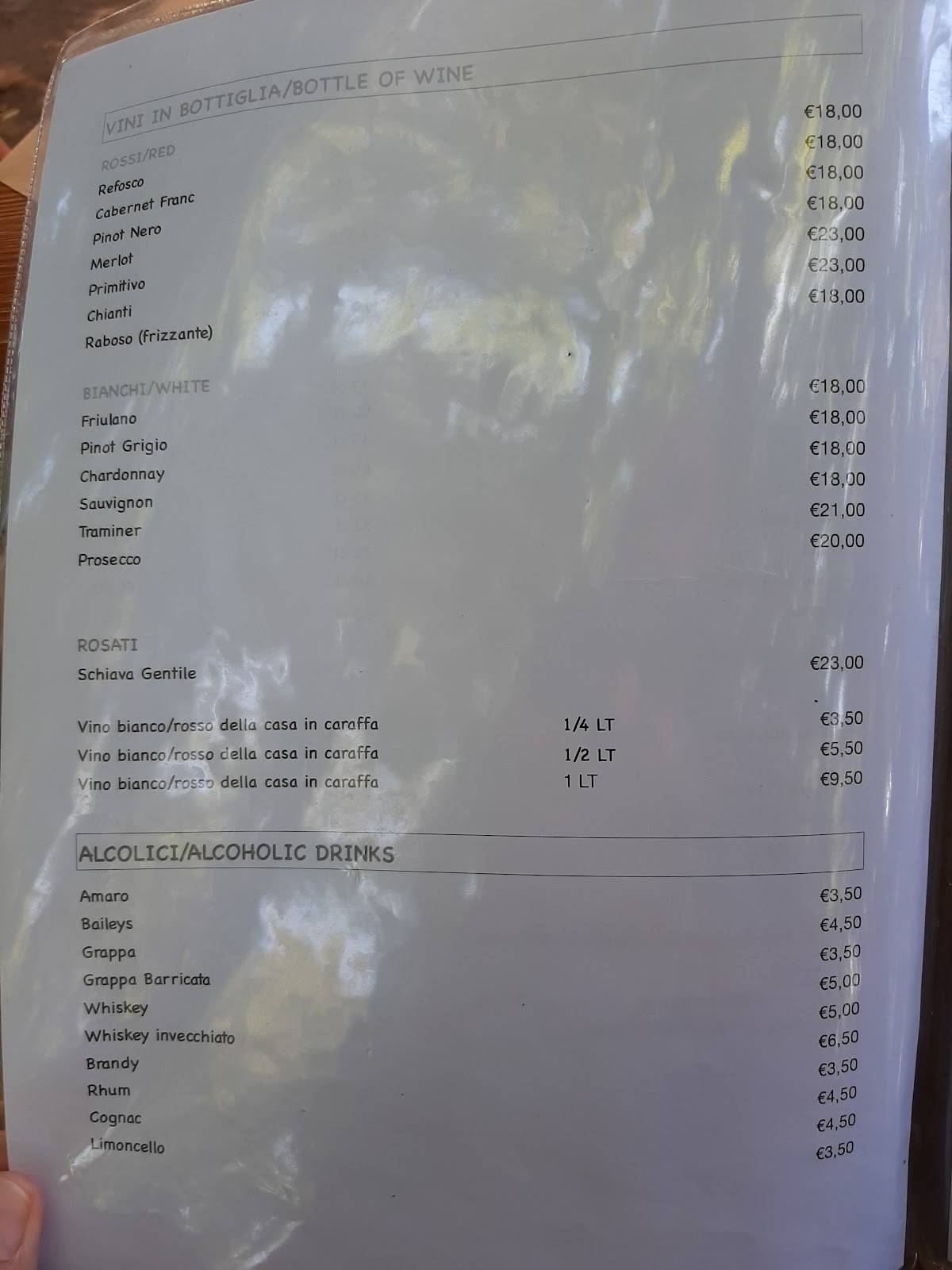 Menu at Vecia Gina cafe, Venice