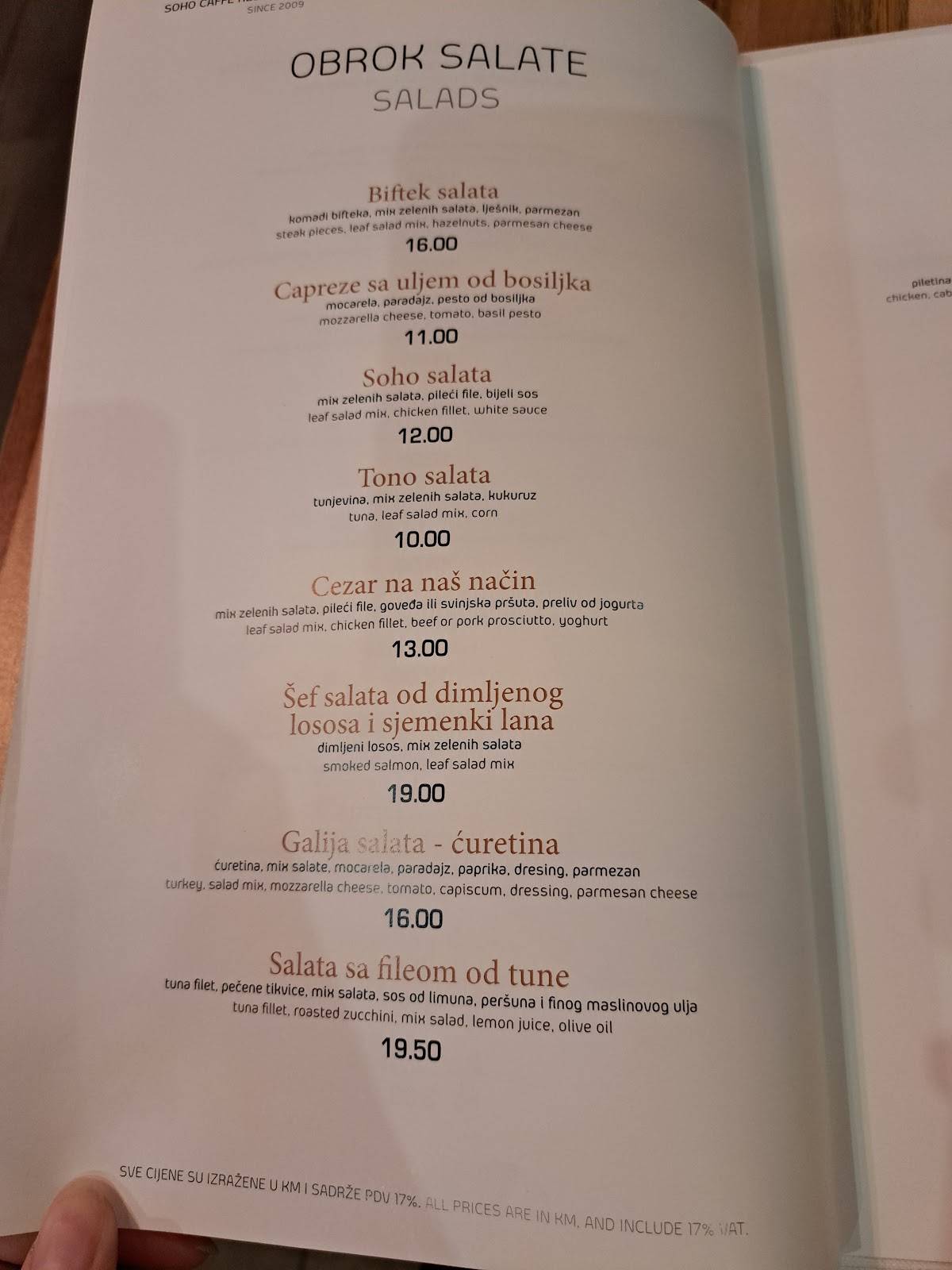 Menu at Caffe Restaurant SOHO, Lukavica