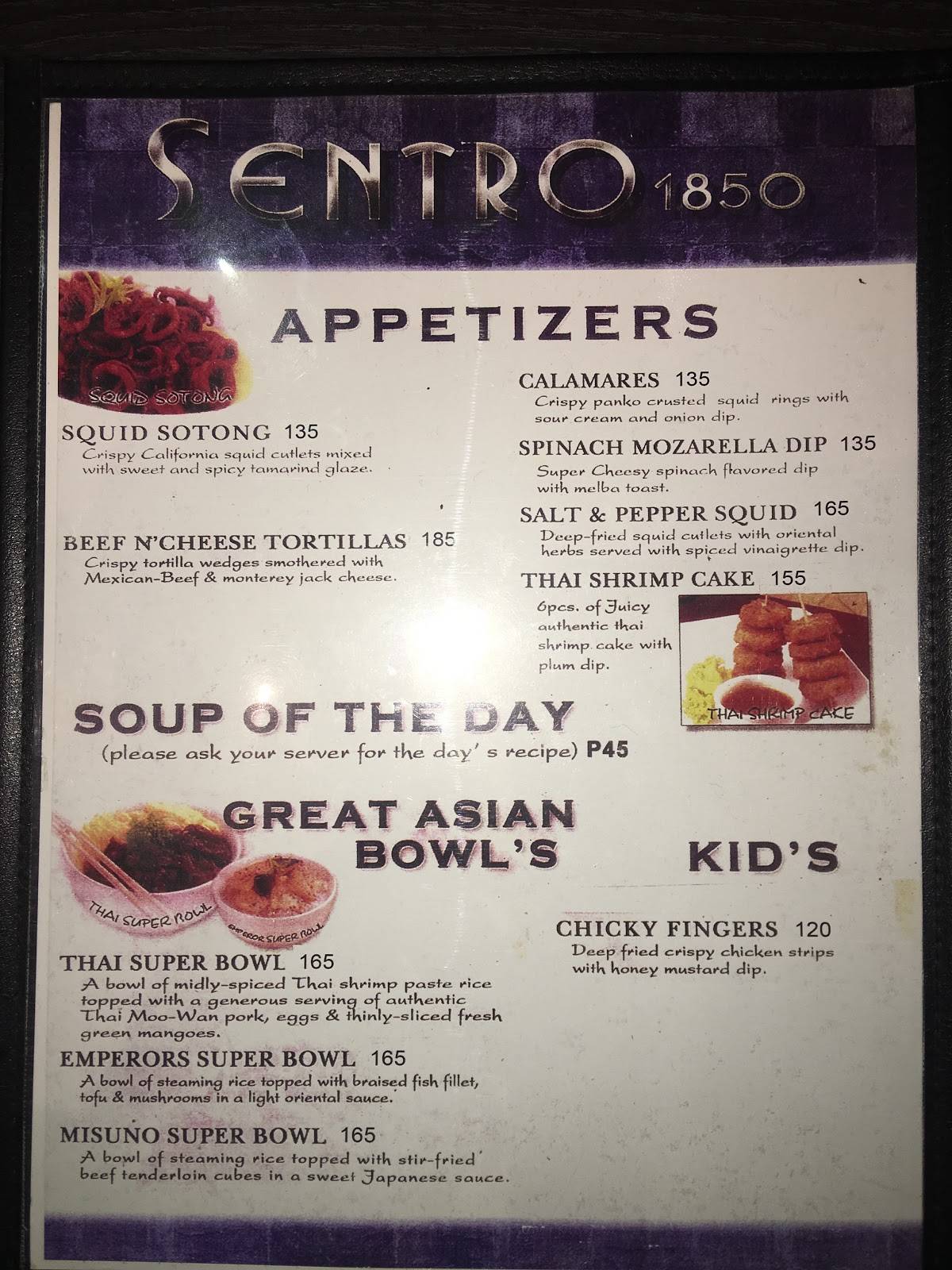 Menu at Sentro 1850 restaurant, Cagayan de Oro