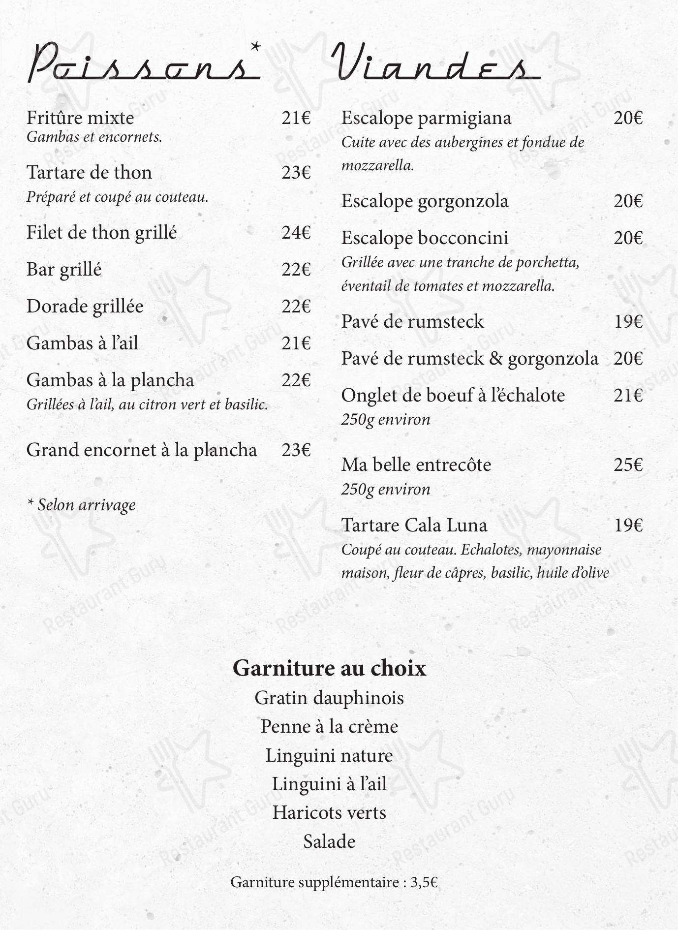 Menu au Cala Luna restaurant, Éragny, 291 Av. Roger Guichard