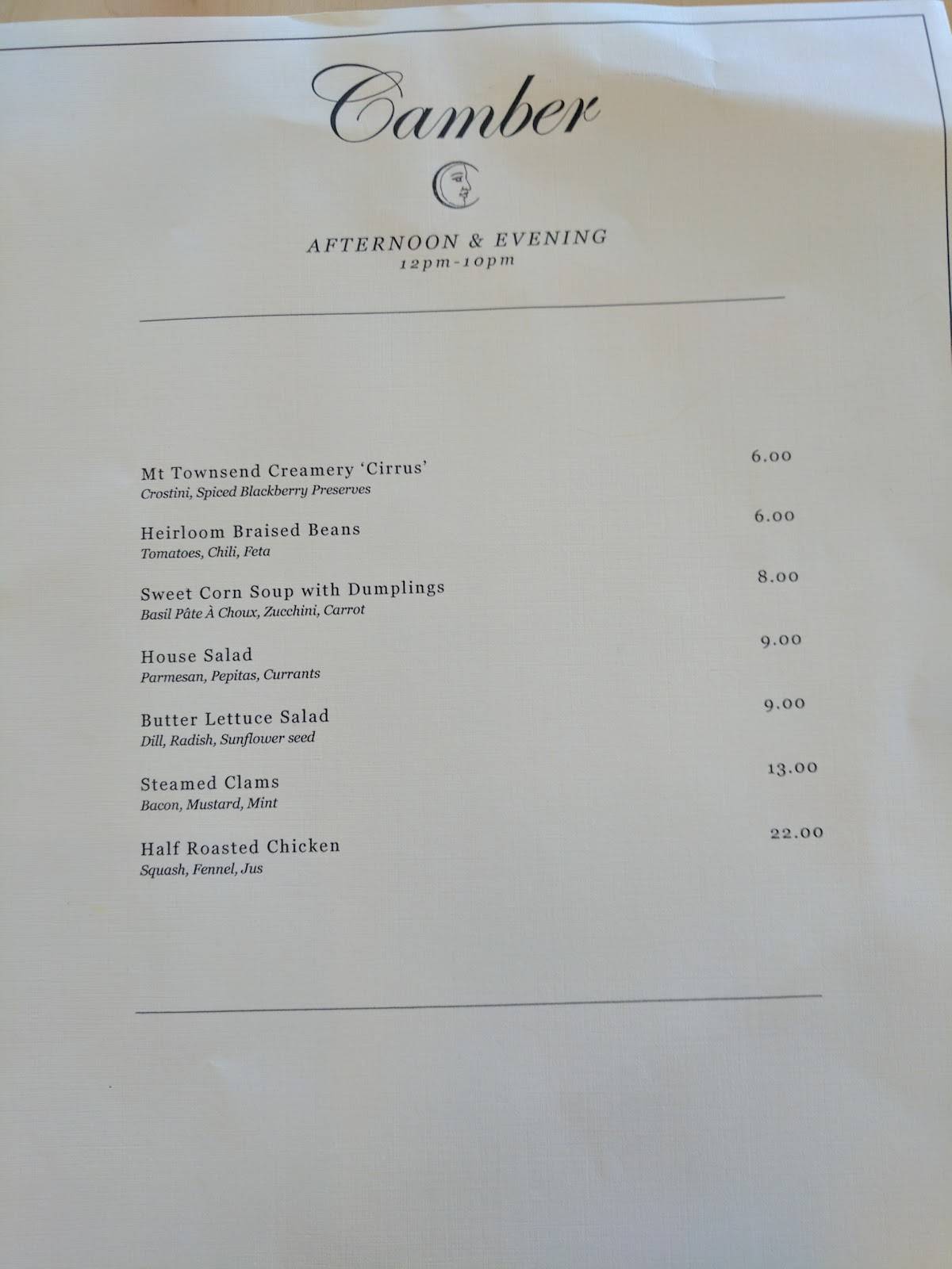 Menu at Camber Coffee cafe, Bellingham