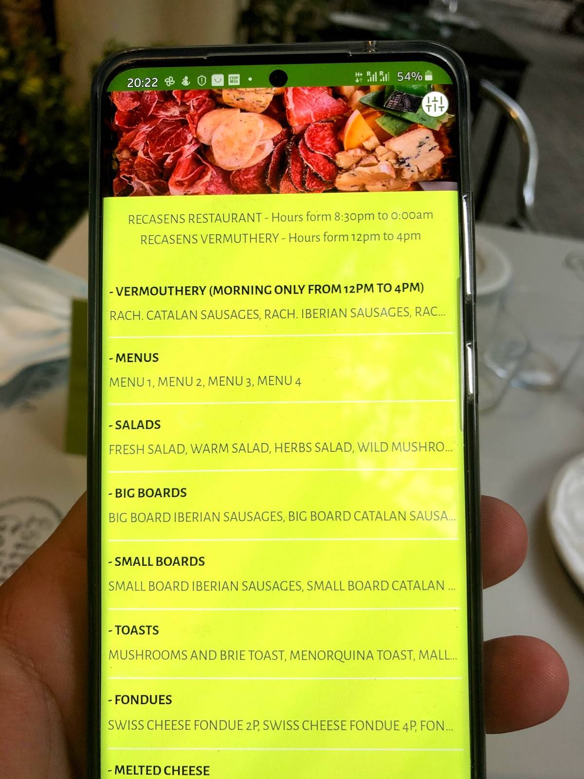 Carta del restaurante Can Recasens, Barcelona