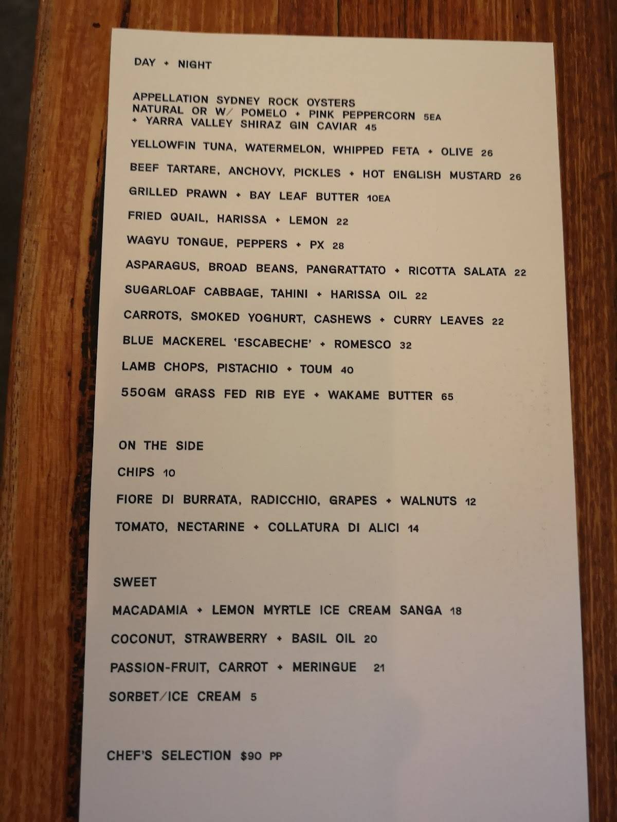 Menu at Rebel Rebel restaurant, Canberra
