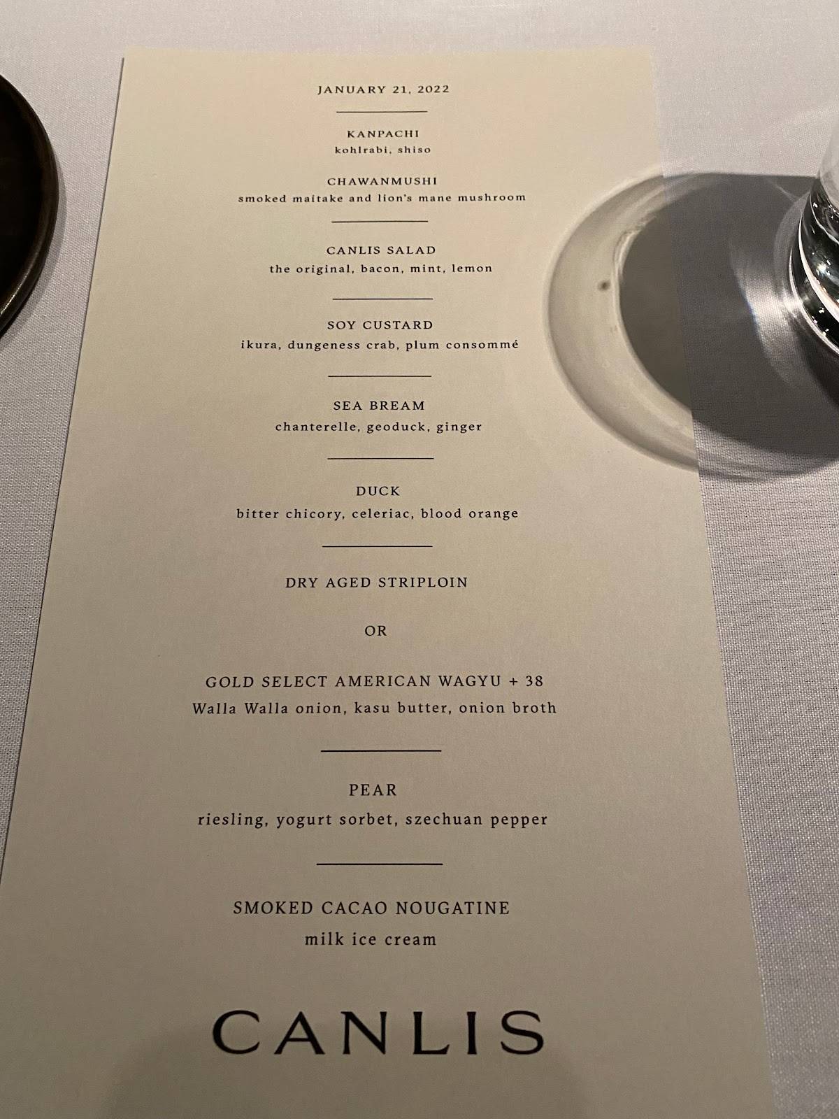 Menu at Canlis restaurant, Seattle