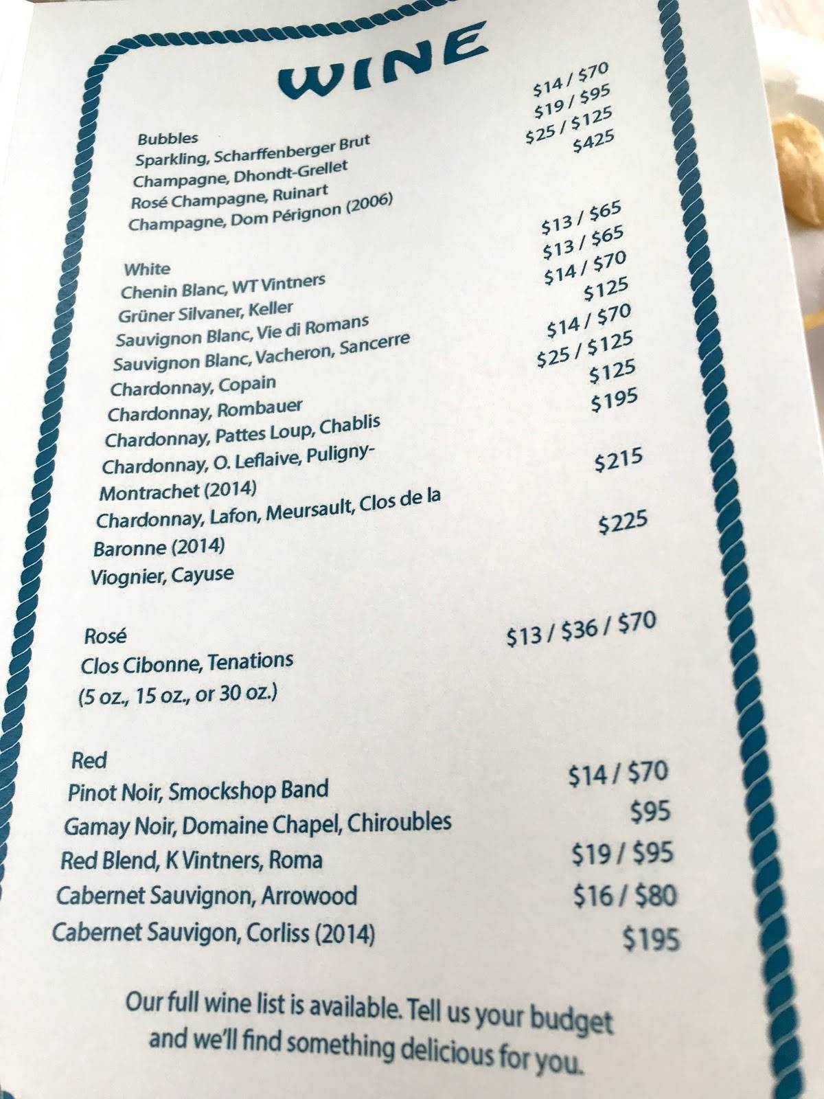 Menu at Canlis restaurant, Seattle
