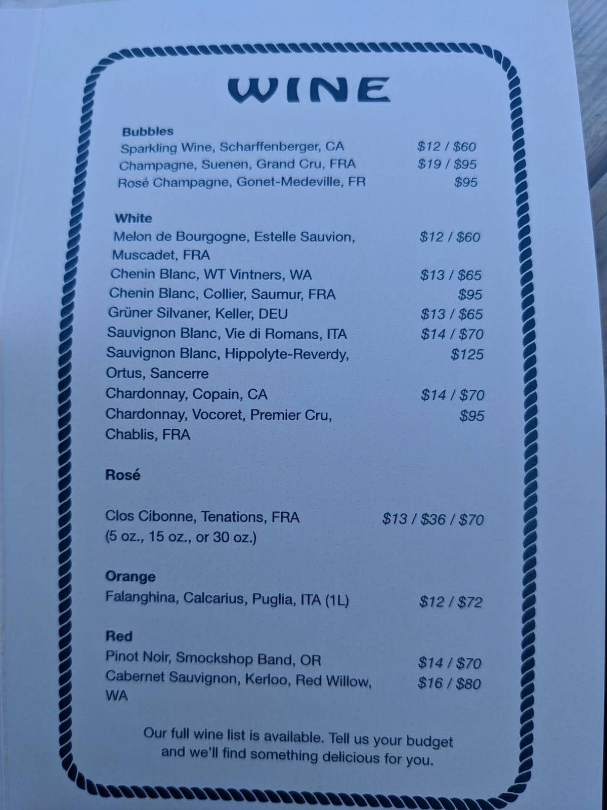 Menu at Canlis restaurant, Seattle