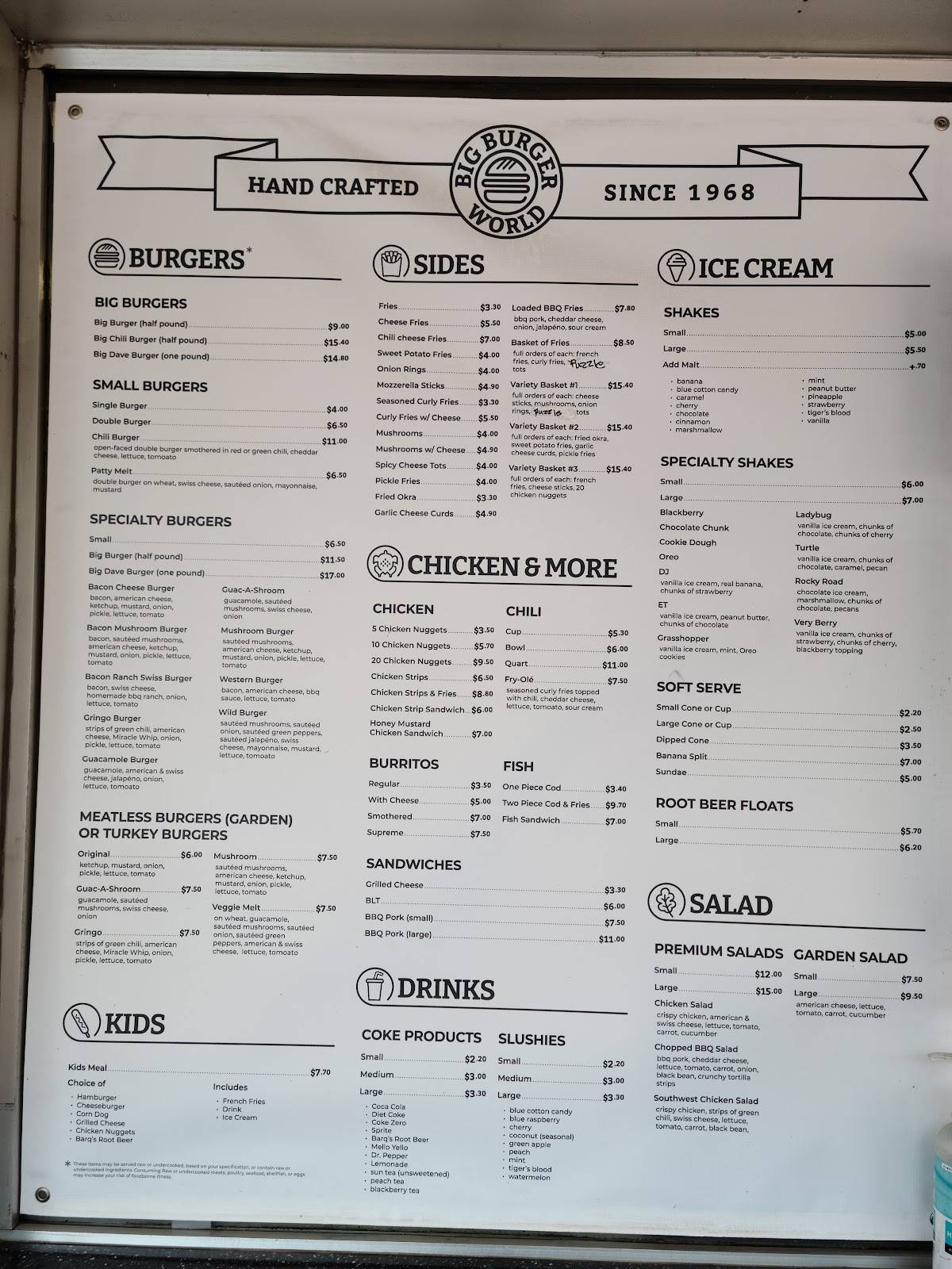 Menu at Big Burger World restaurant, Cañon City