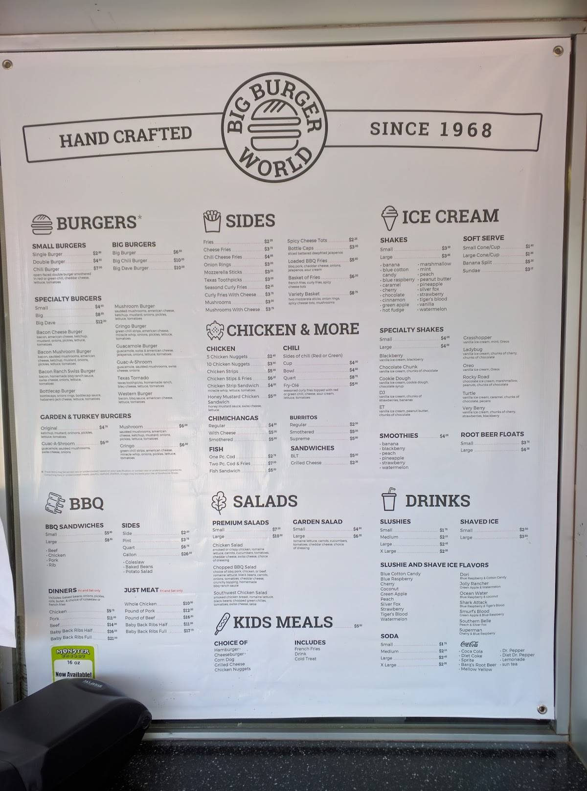 Menu at Big Burger World restaurant, Cañon City