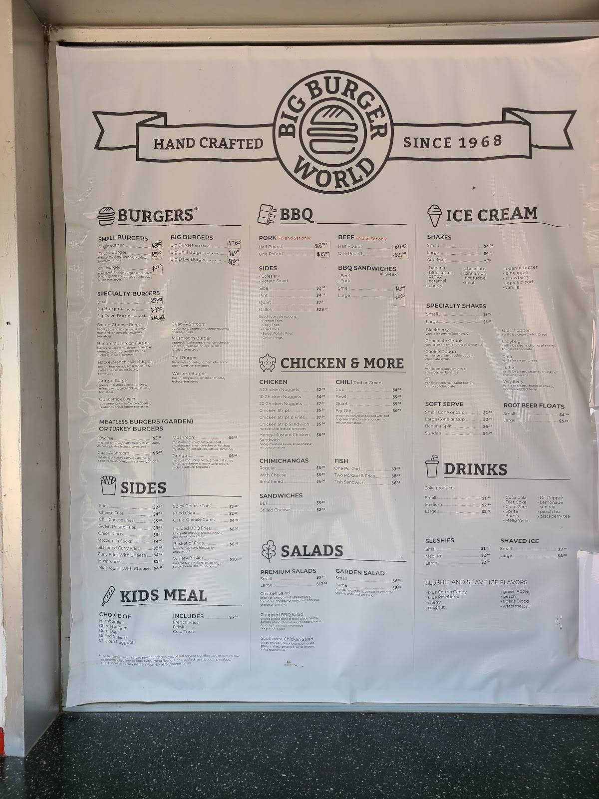 Menu at Big Burger World restaurant, Cañon City