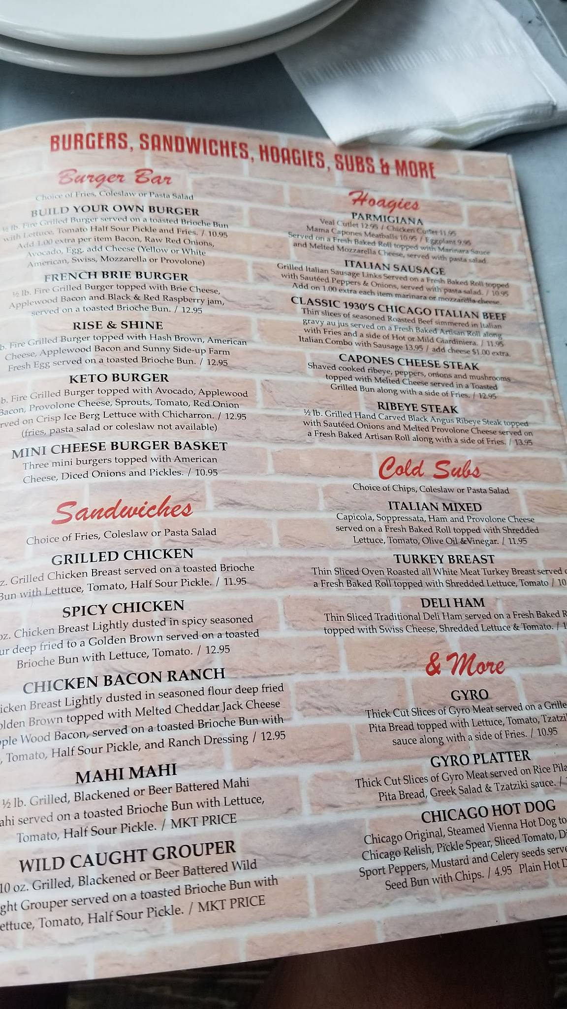 Menu at Capone's Flicker Lite pizzeria, Hollywood