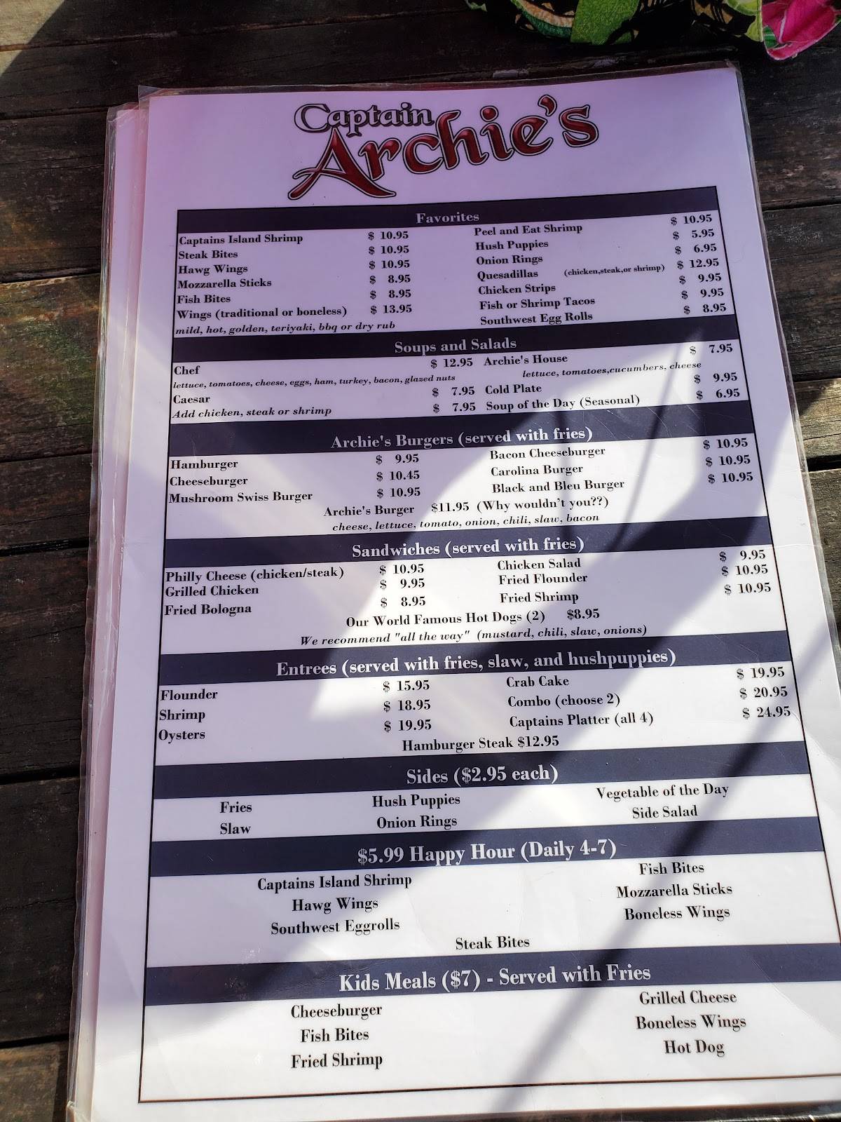Menu at Captain Archie's pub & bar, North Myrtle Beach