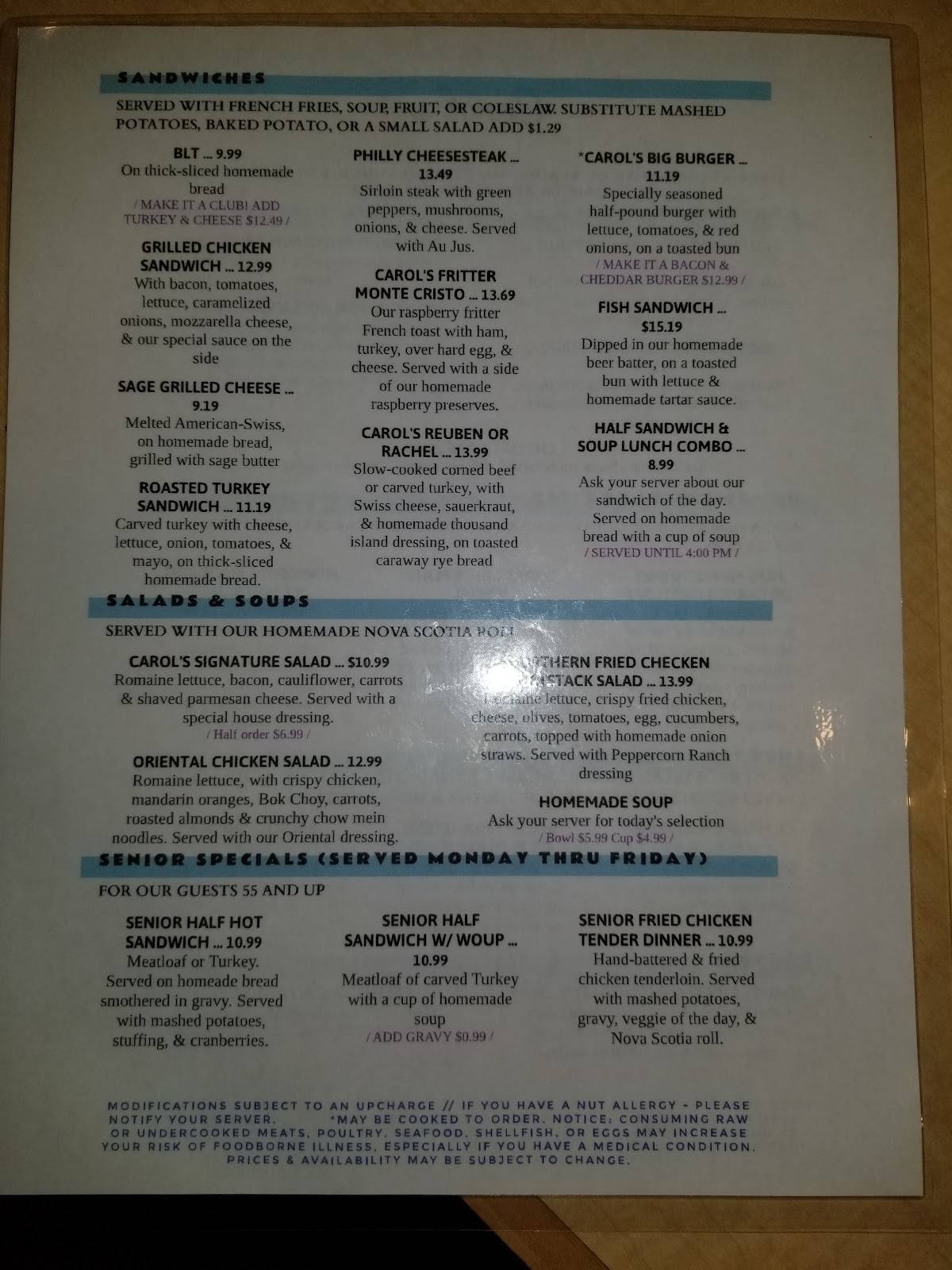 Menu at Carol's restaurant, Blaine, Aberdeen St NE