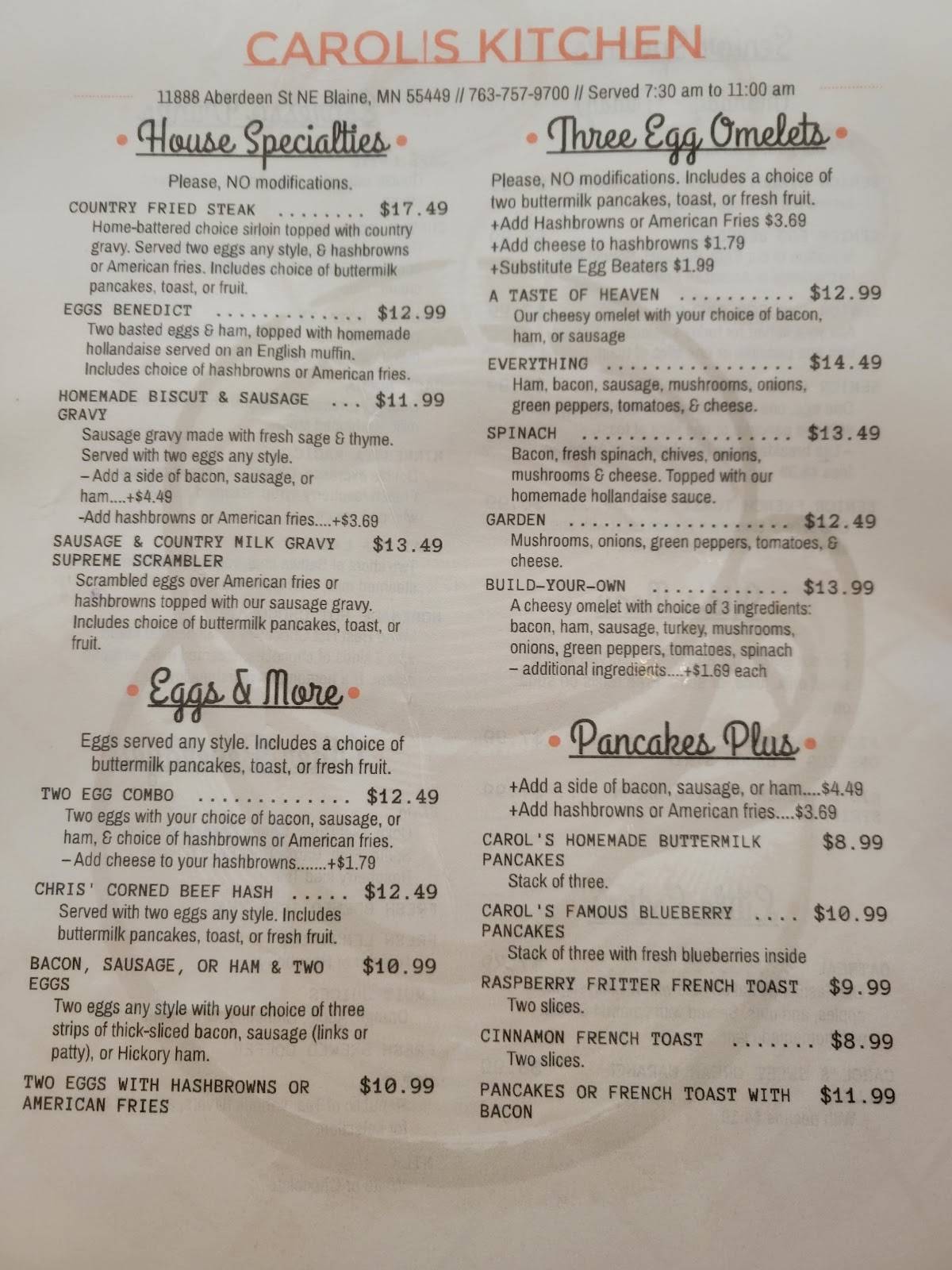 Menu at Carol's restaurant, Blaine, Aberdeen St NE
