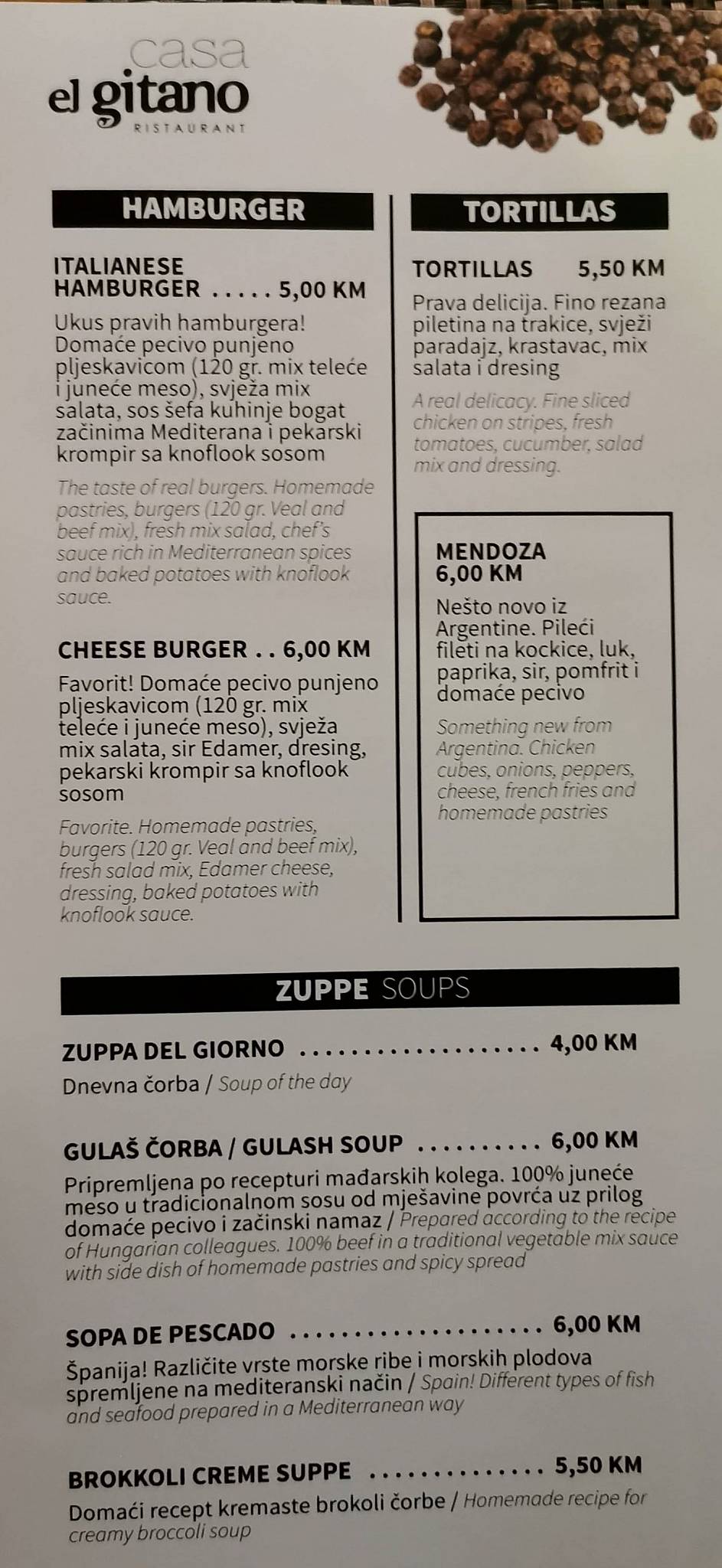 Menu at Casa El Gitano restaurant, Sarajevo
