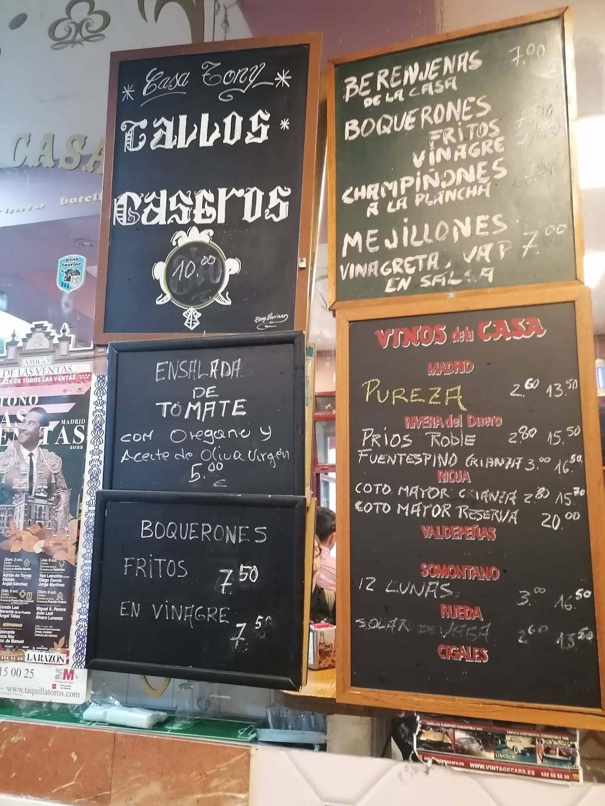 Carta del pub y bar Casa Toni, Madrid
