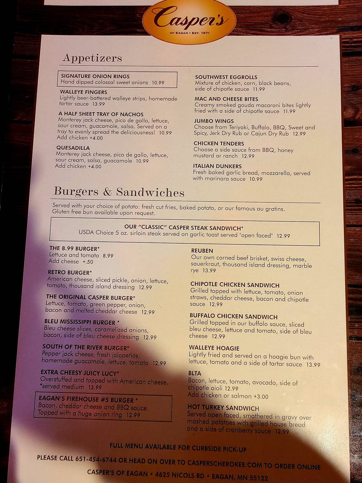 Menu at Casper's Cherokee of Eagan pub & bar, Eagan