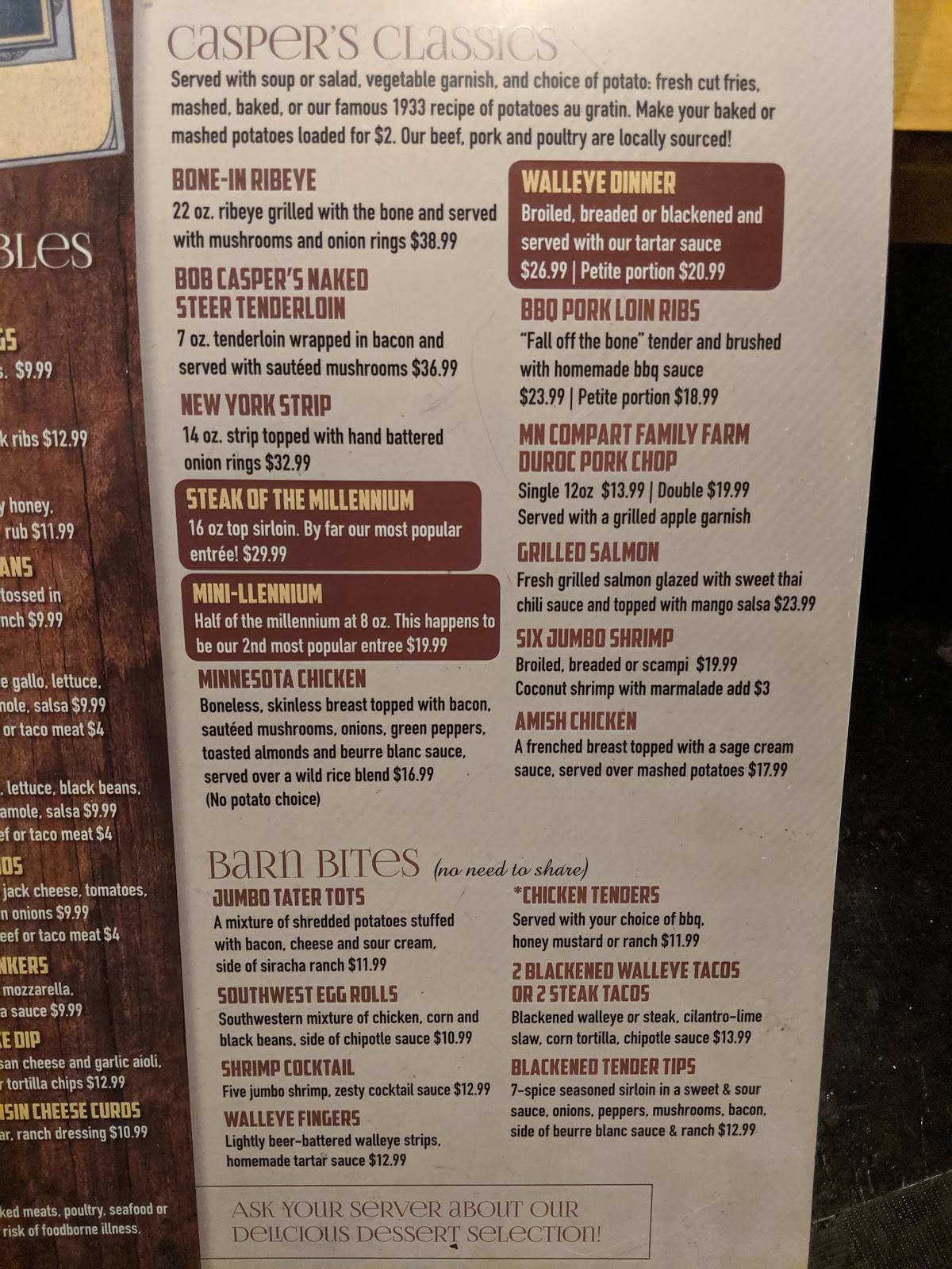 Menu at Casper's Cherokee of Eagan pub & bar, Eagan