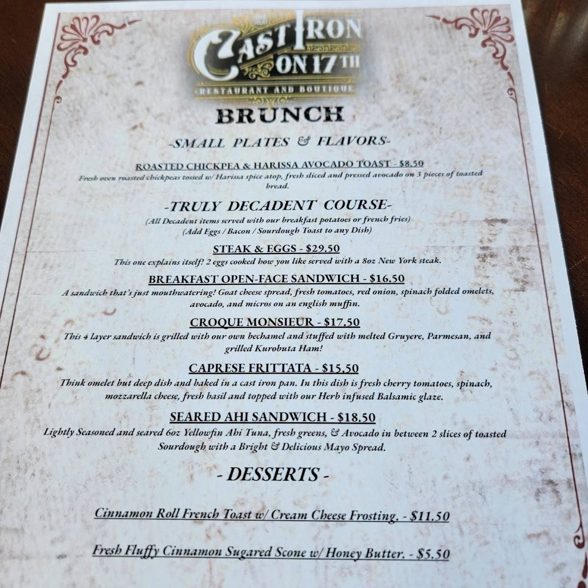 Menu at Cast Iron on 17th steakhouse, Ammon