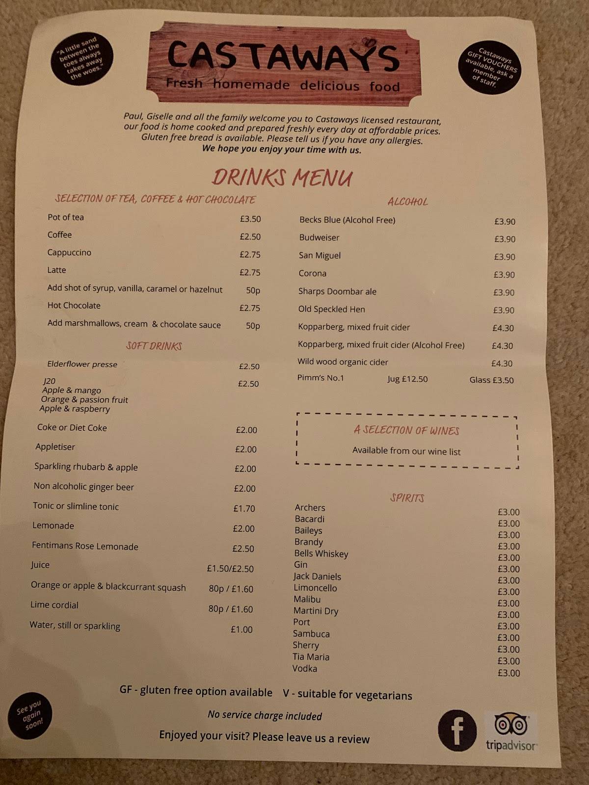 Menu at Castaways restaurant, Swanage