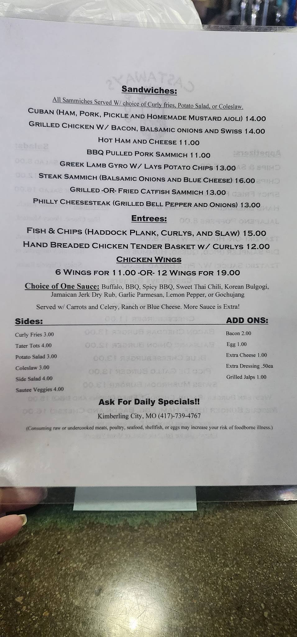 Menu at Castaways Pub And Grill, Kimberling City