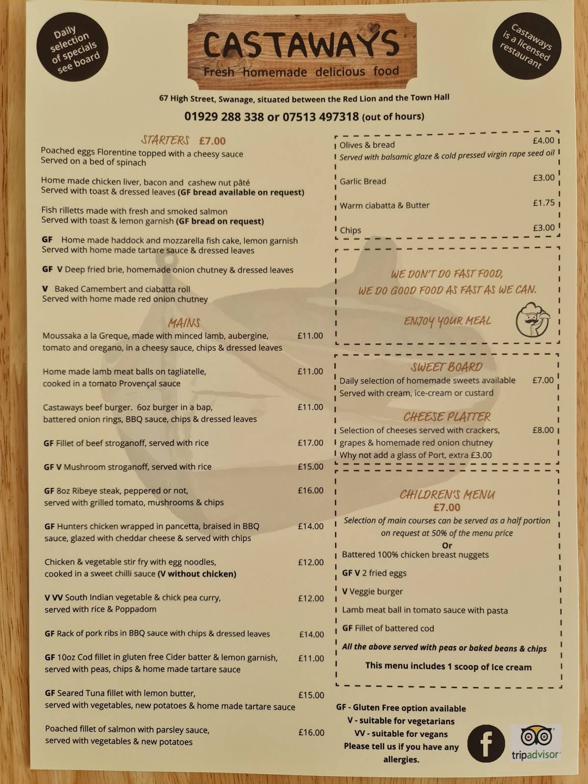 Menu at Castaways restaurant, Swanage