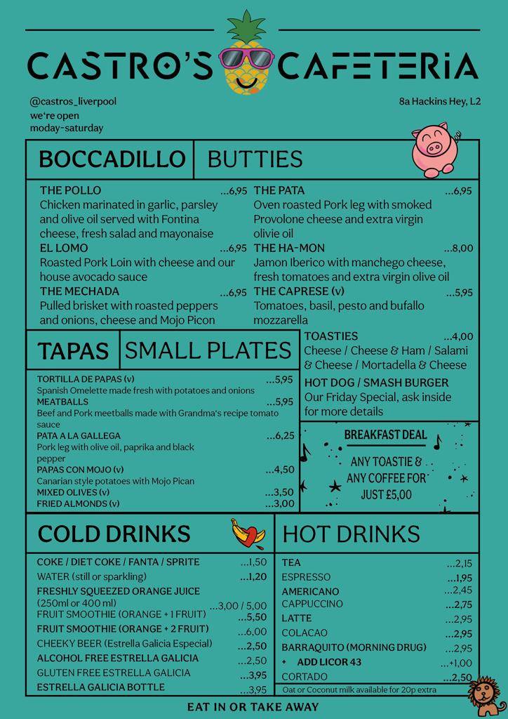 Menu at Castro's Cafeteria, Liverpool