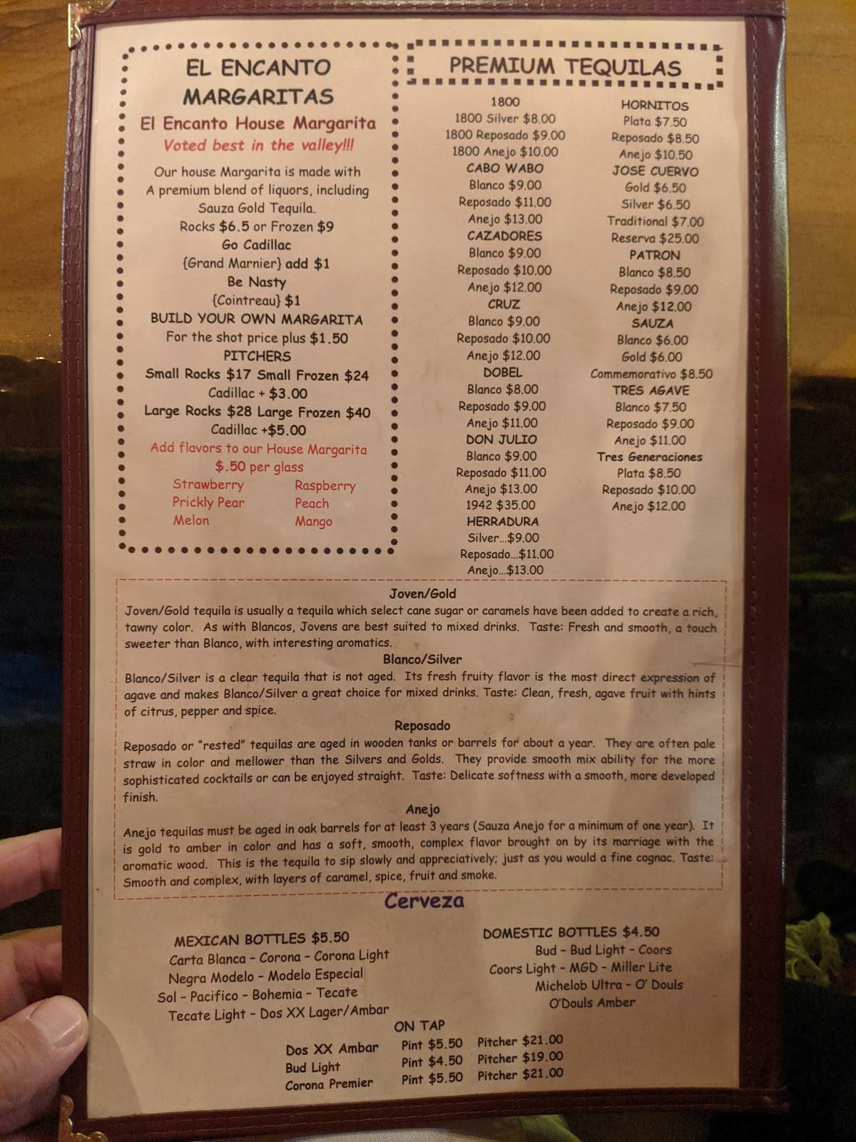 Menu at El Encanto restaurant, Cave Creek, E Cave Creek Rd